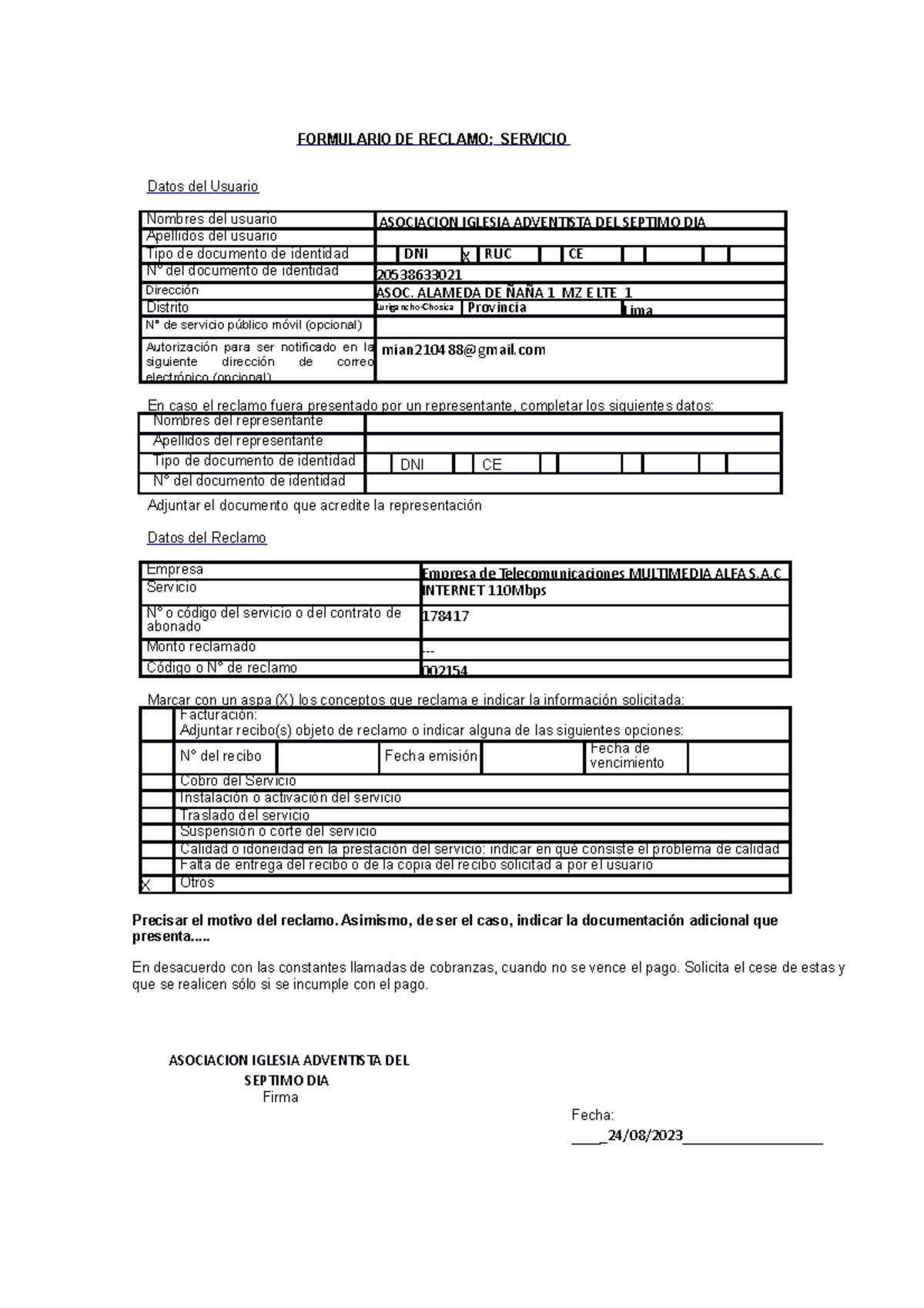 Formulario Reclamo 002154-ASOC - FORMULARIO DE RECLAMO: SERVICIO Datos ...