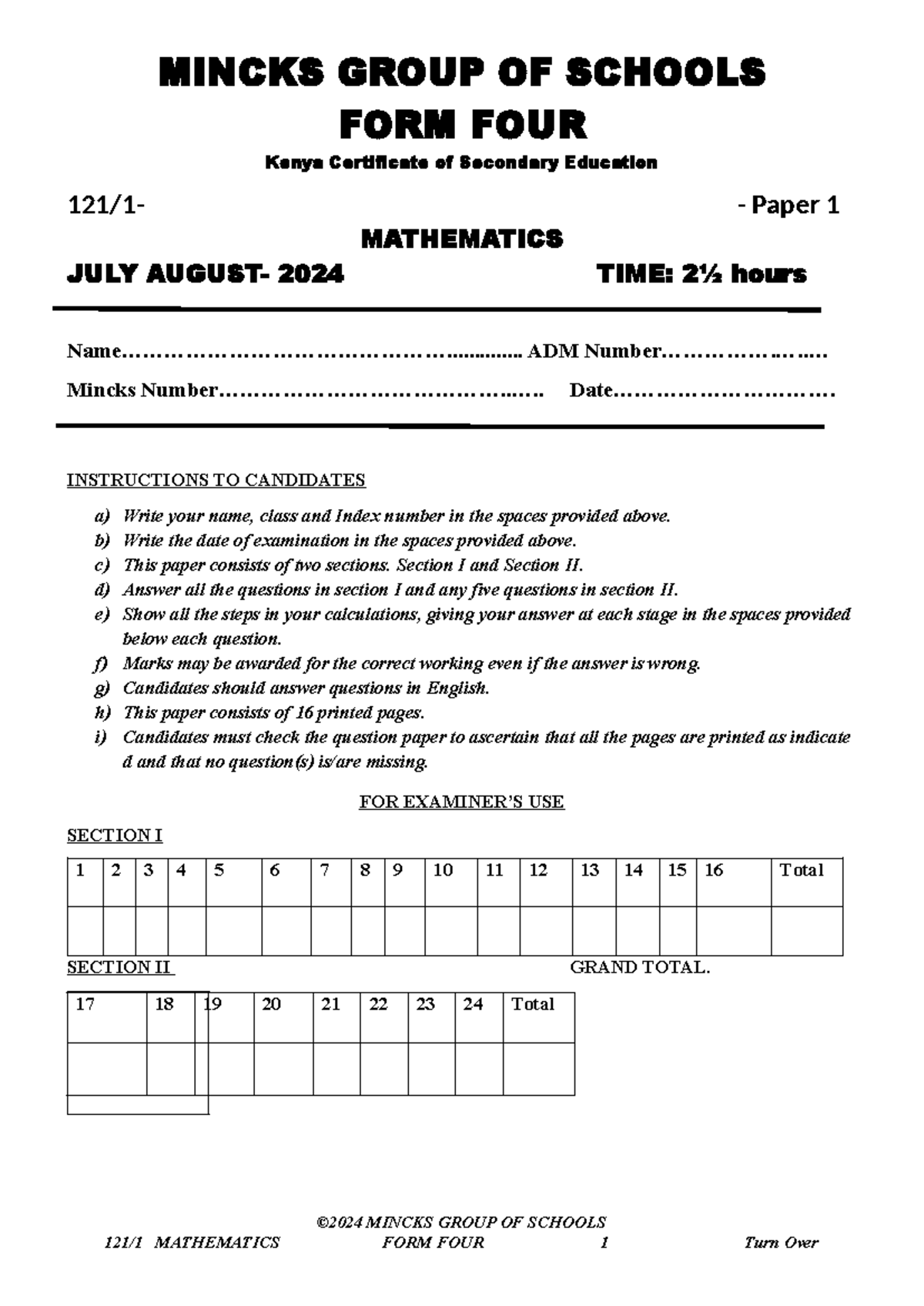 FORM 4 Maths Paper 1 END TERM 2 2024 - MINCKS GROUP OF SCHOOLS FORM ...