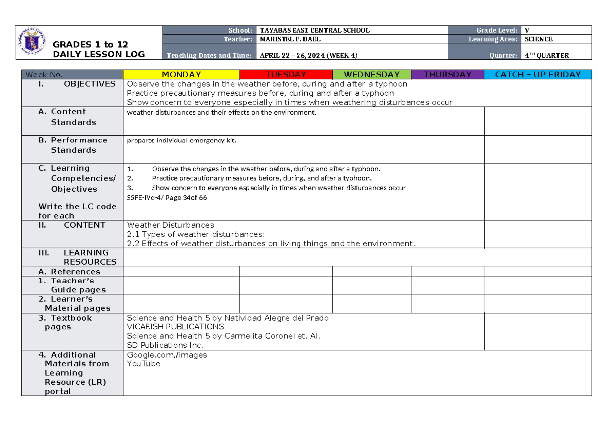 DLL Science 5 Q4 W4 - Weathering - GRADES 1 to 12 DAILY LESSON LOG ...