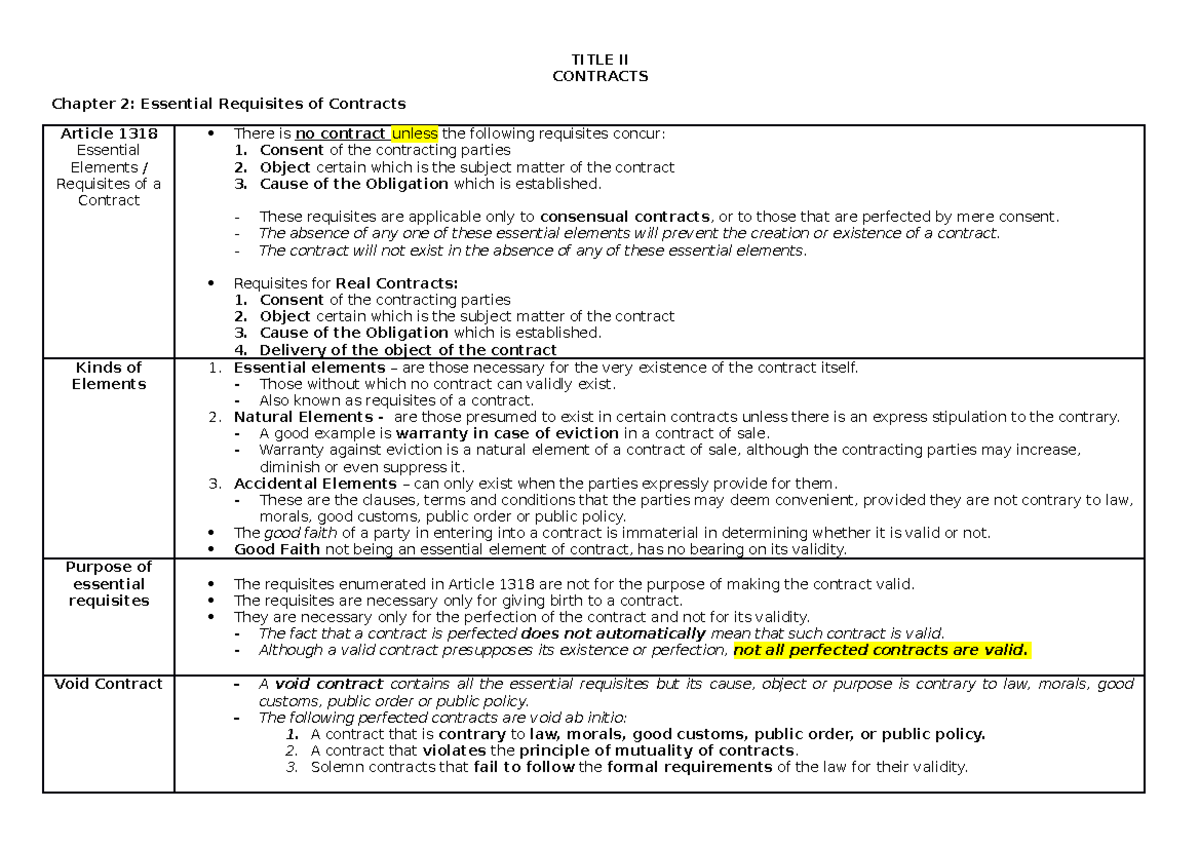 Contracts -Article-1318-1326 - TITLE II CONTRACTS Chapter 2: Essential ...