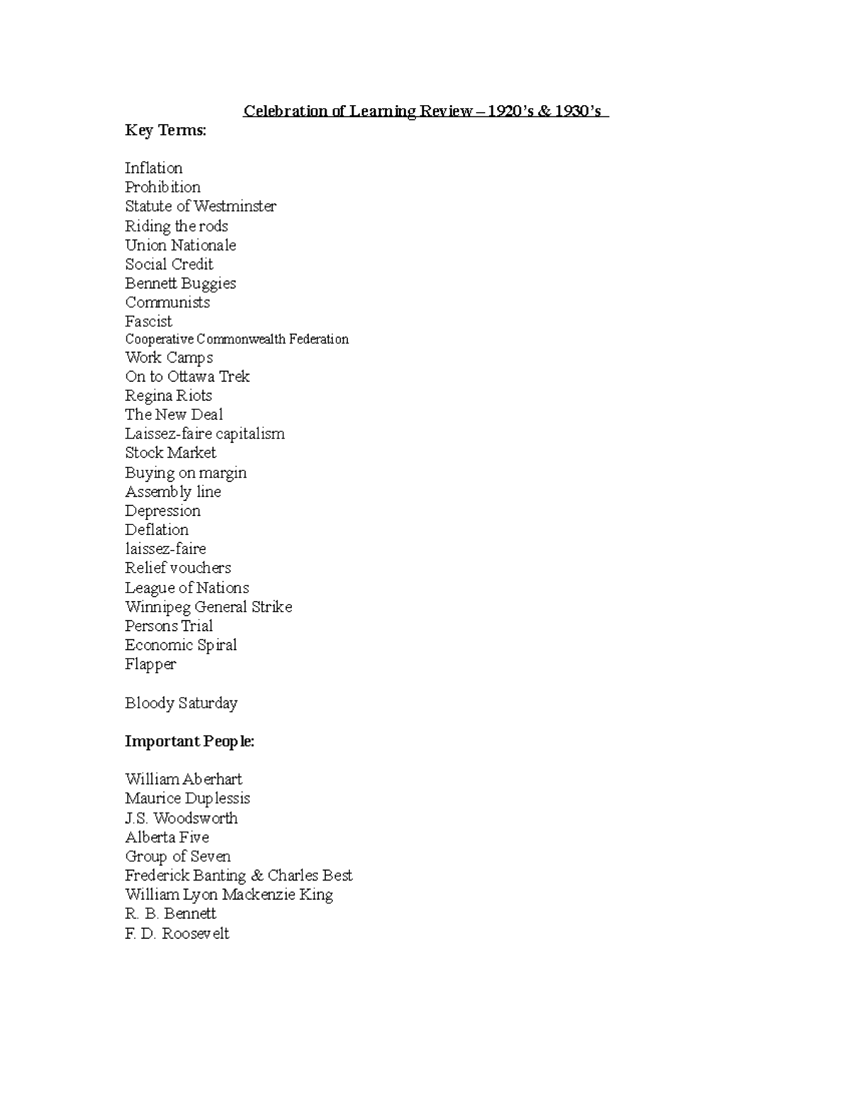 Test review 1920s and 1930s - Celebration of Learning Review – 1920’s ...