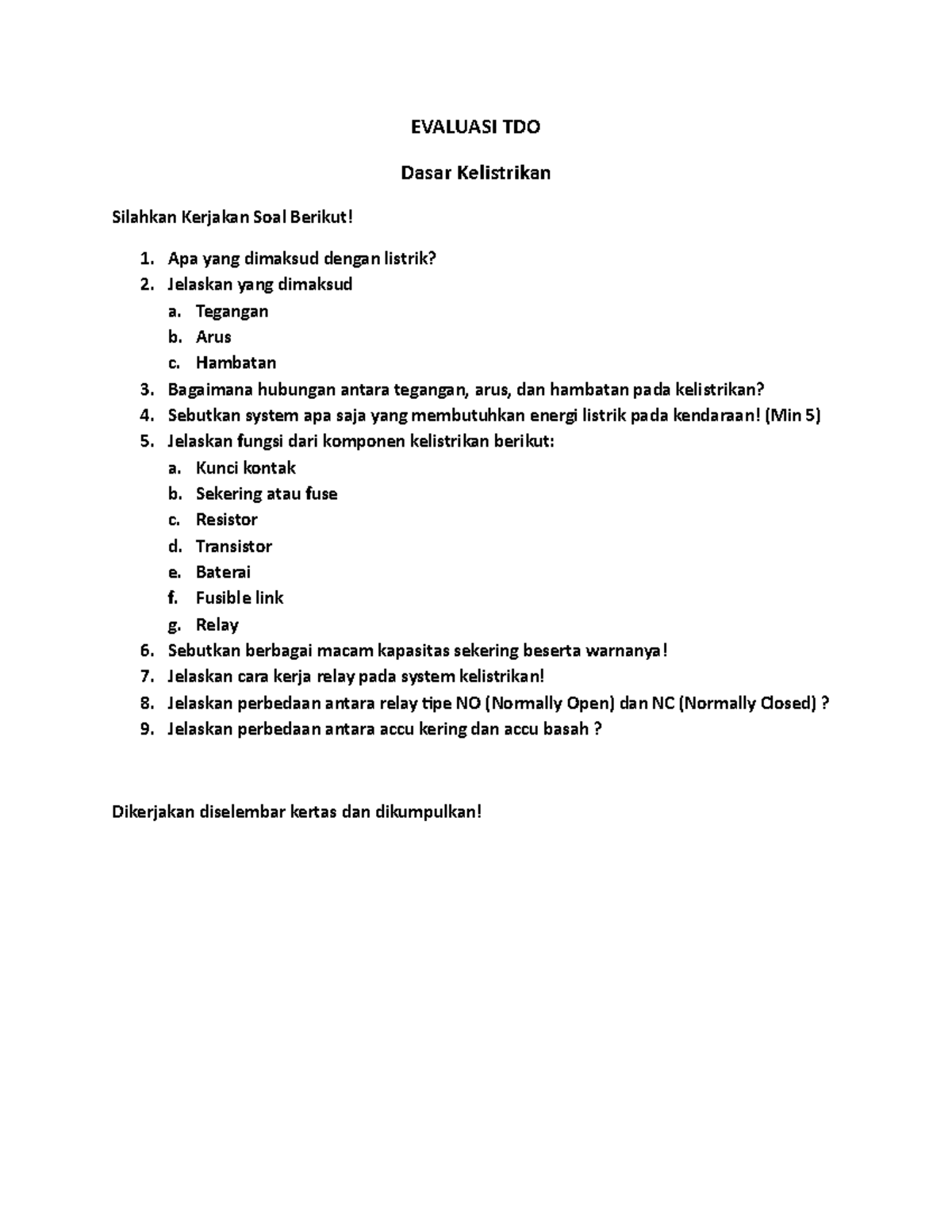 Evaluasi TDO - sadfsadf - EVALUASI TDO Dasar Kelistrikan Silahkan ...