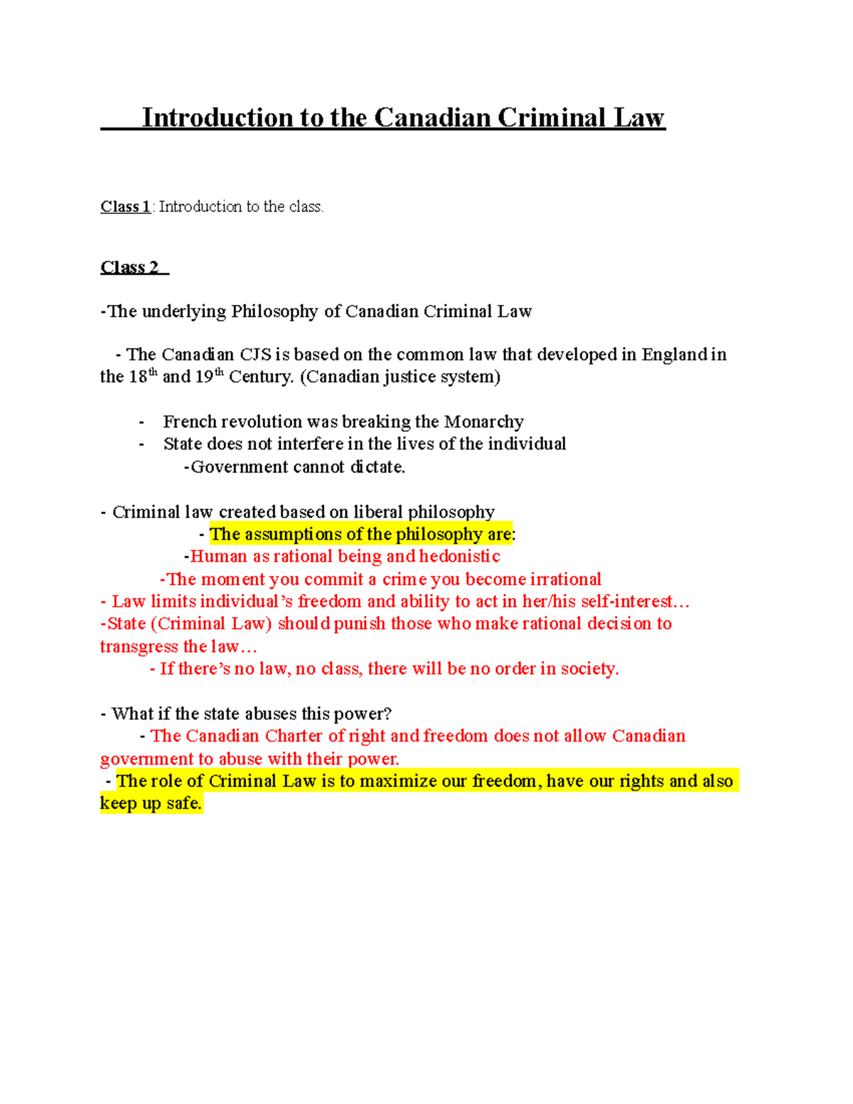 CRM2300 - Notes - Introduction to the Canadian Criminal Law Class 1 ...