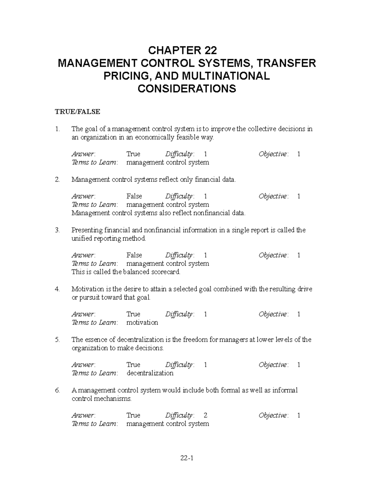 Ch22 - Practice Materials - CHAPTER 22 MANAGEMENT CONTROL SYSTEMS ...