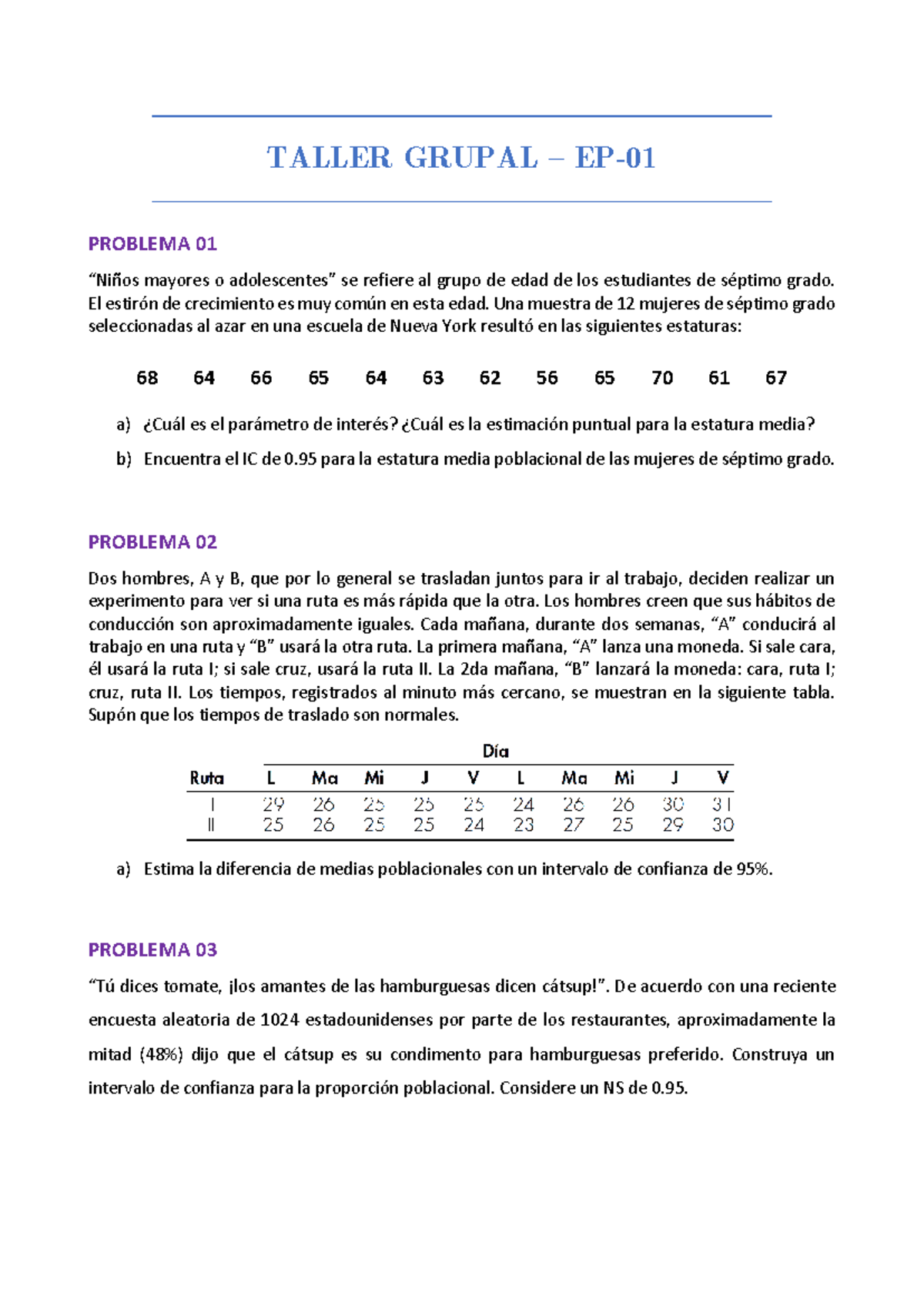 E Inferencial 2h Taller Grupal EP 01 - TALLER GRUPAL – EP- 01 PROBLEMA 0 1 “Niños mayores o ...