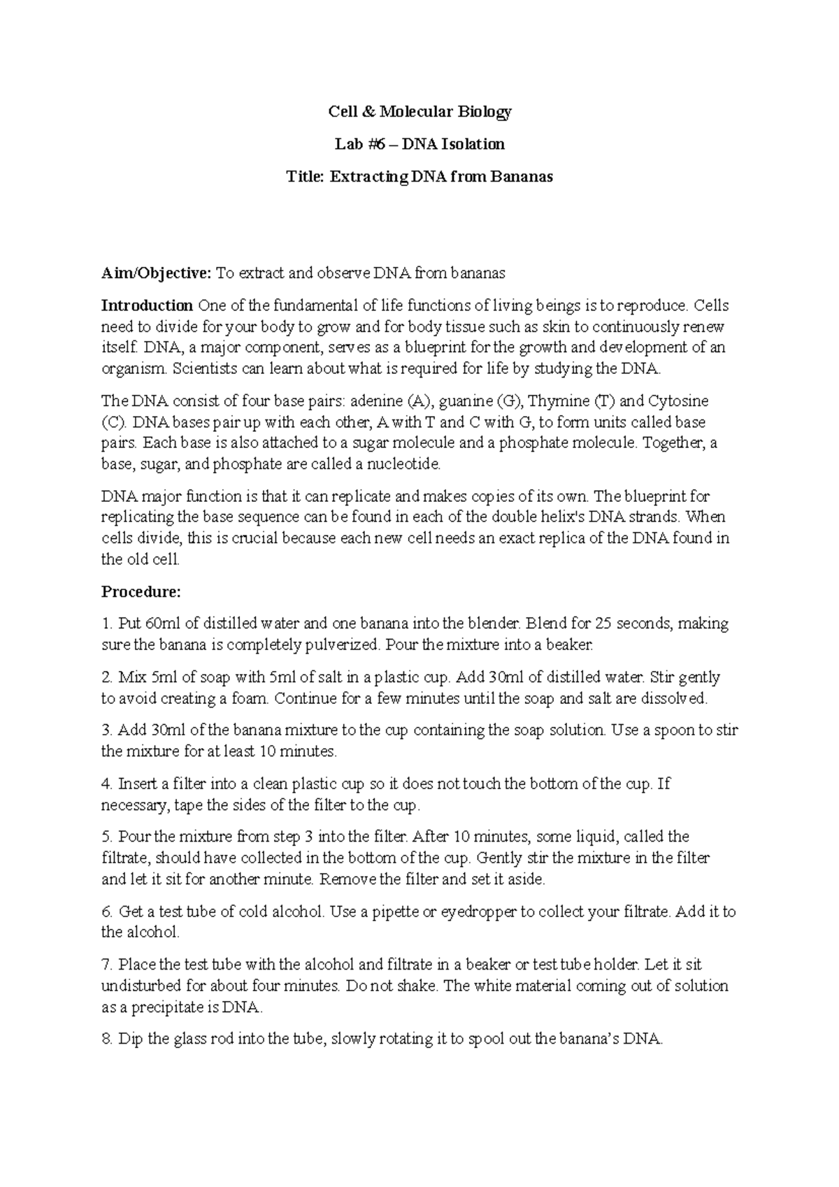 Lab 6- Extracting DNA From Banana's - Cell & Molecular Biology Lab #6 ...