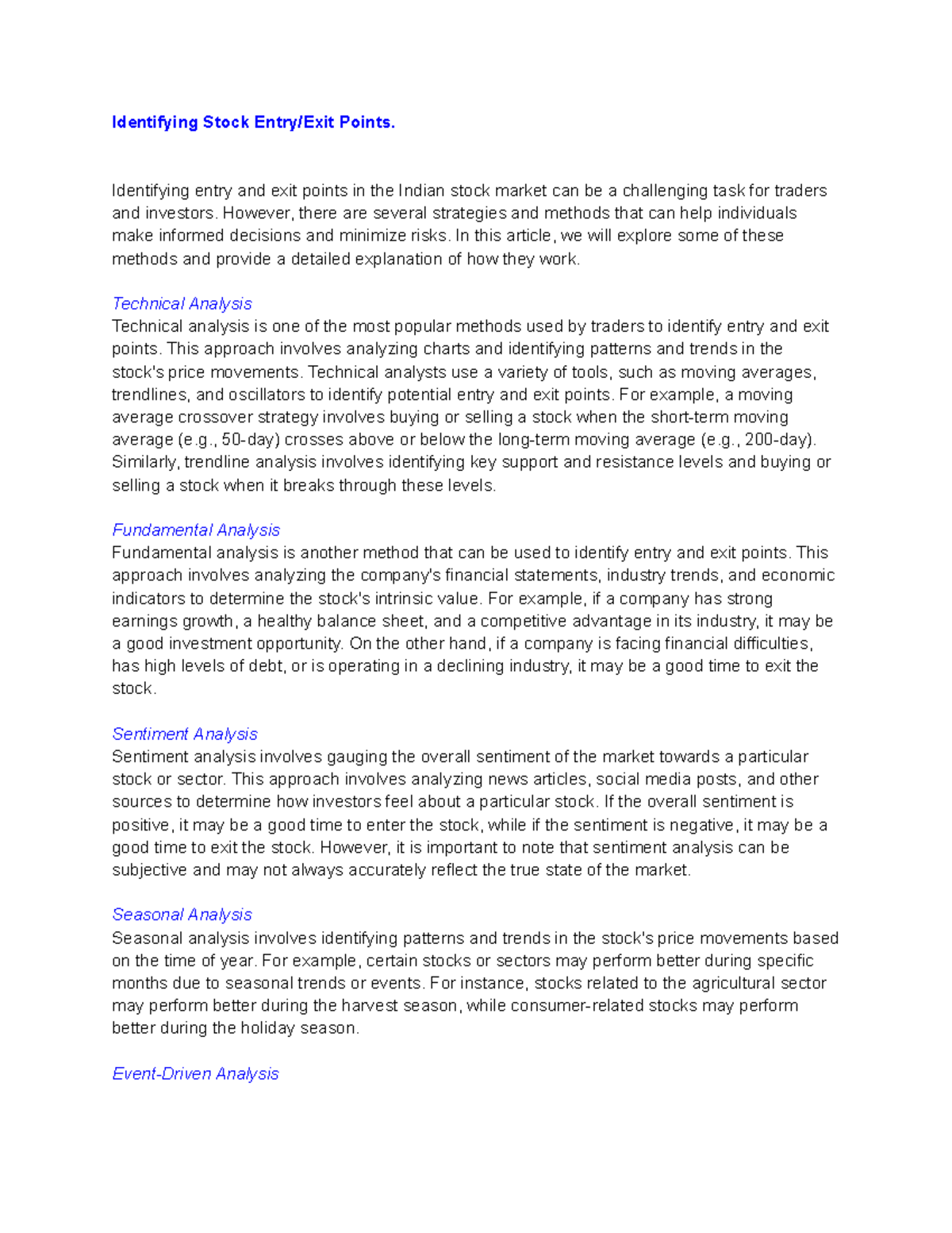 Identifying Stock Entry-Exit Points - Identifying entry and exit points ...
