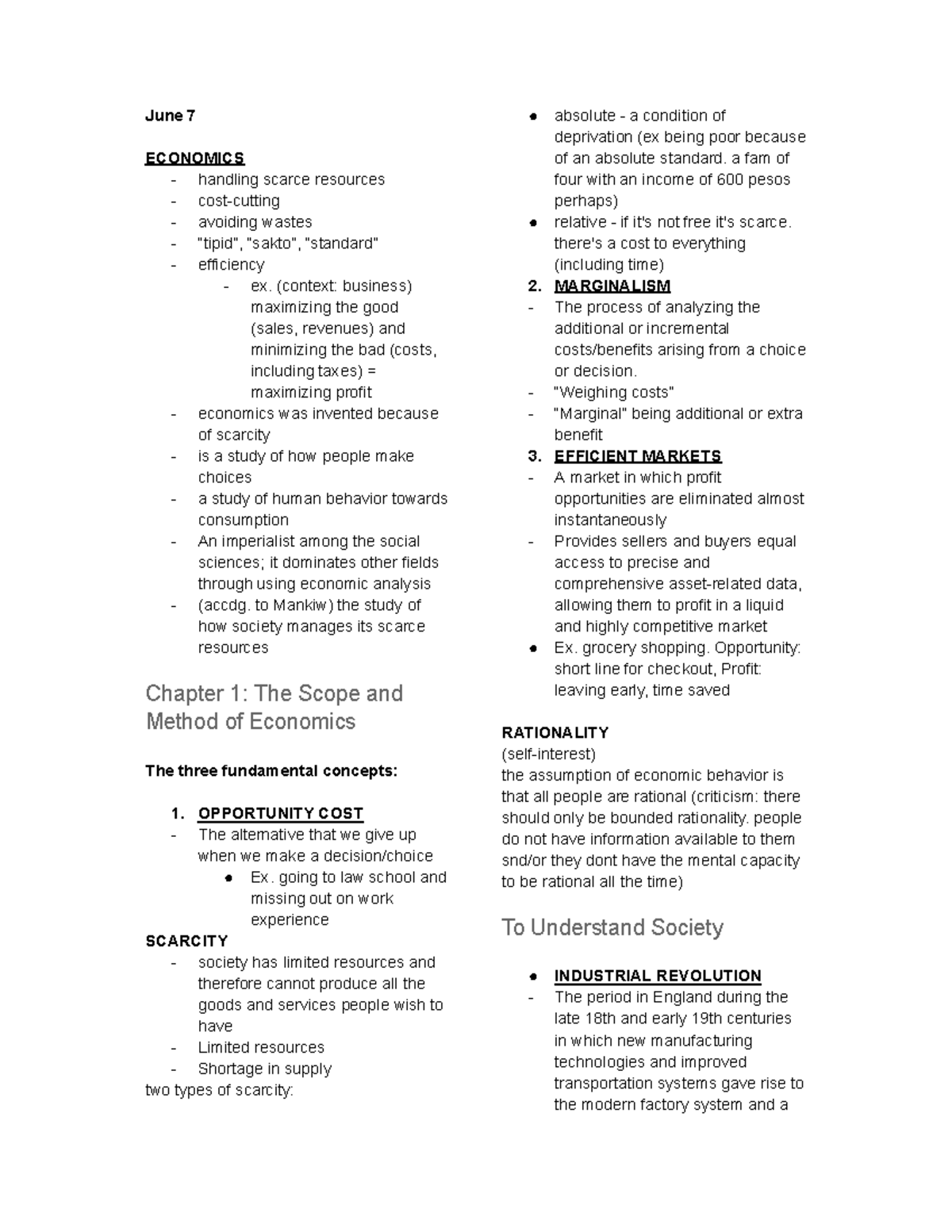 Economics%20notes - Econ notes - June 7 ECONOMICS - handling scarce ...