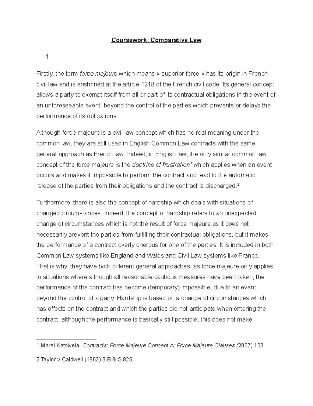 Comparative private law assignment hardship and force majeure ...