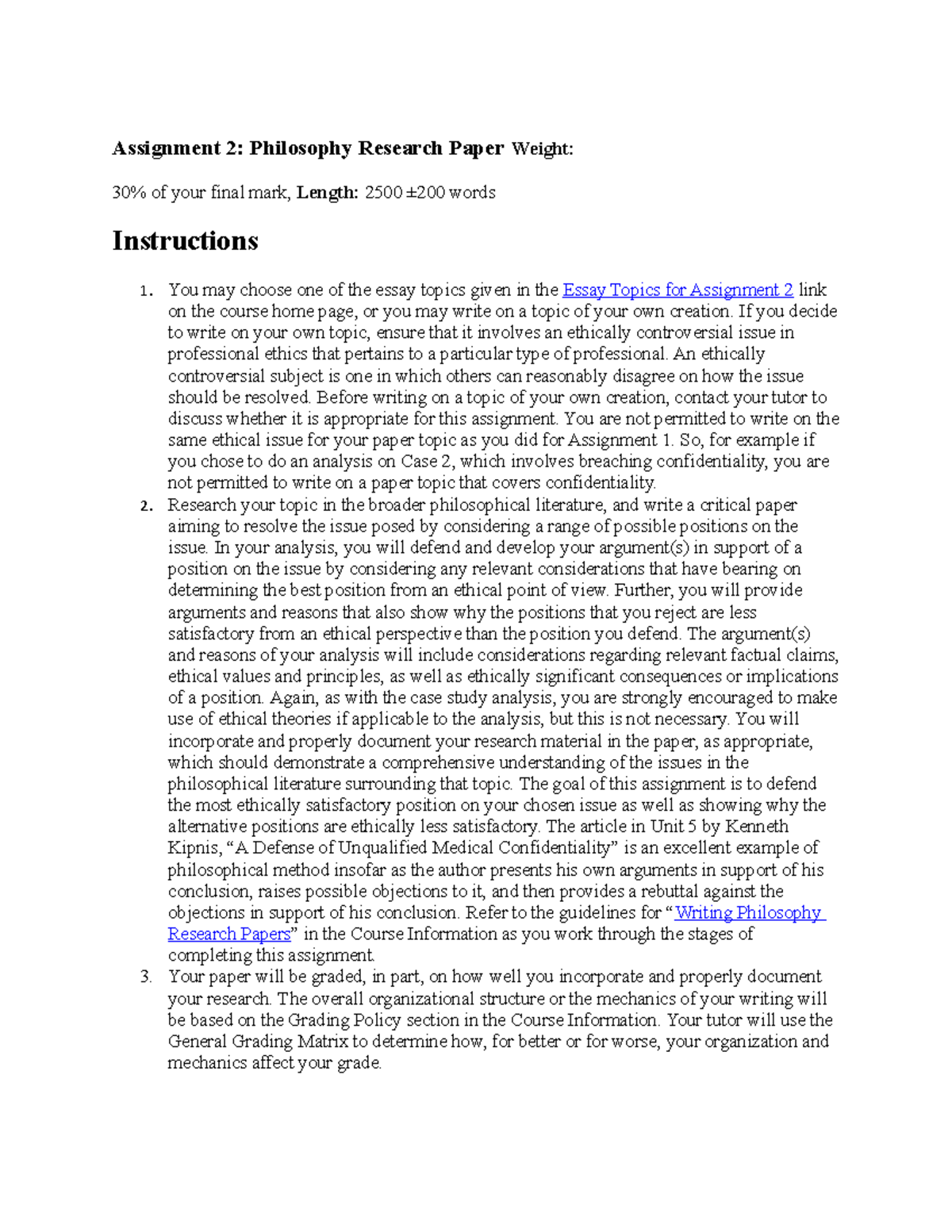 Phil 333 Assignment 2 - instructions - Assignment 2: Philosophy ...