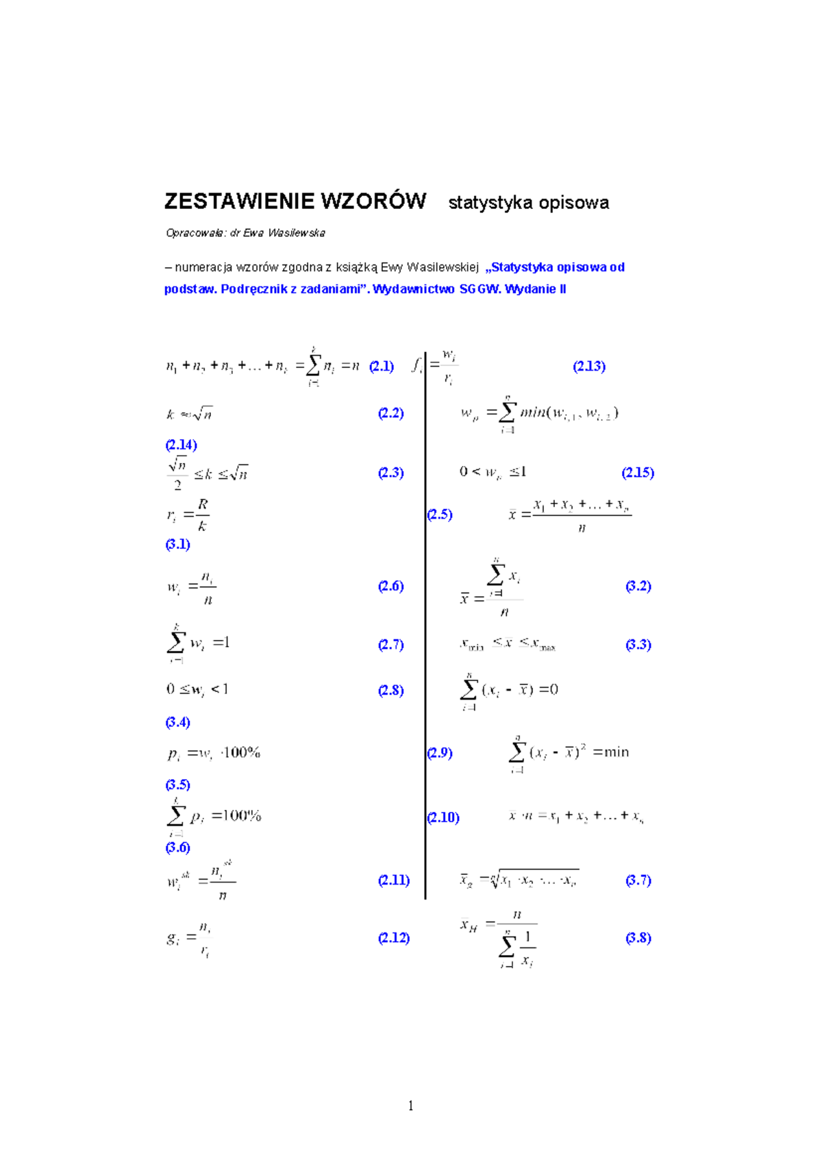 SO Zestawienie wzorow (wyd II) - ZESTAWIENIE WZORÓW statystyka opisowa ...