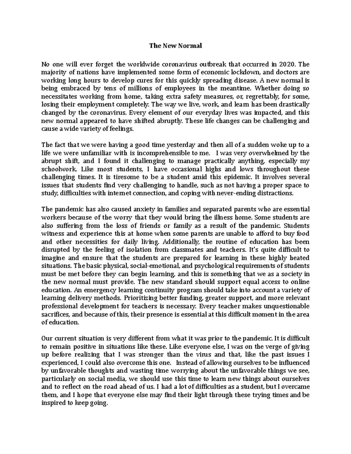 Reaction Paper on New Normal - The New Normal No one will ever forget ...