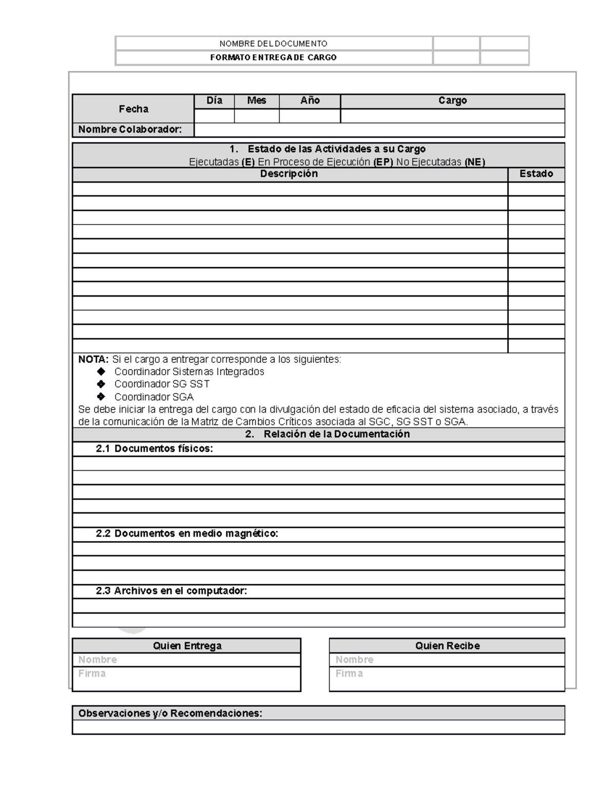 TH-CP-01 V1 Formato Entrega de cargo - NOMBRE DEL DOCUMENTO FORMATO ...