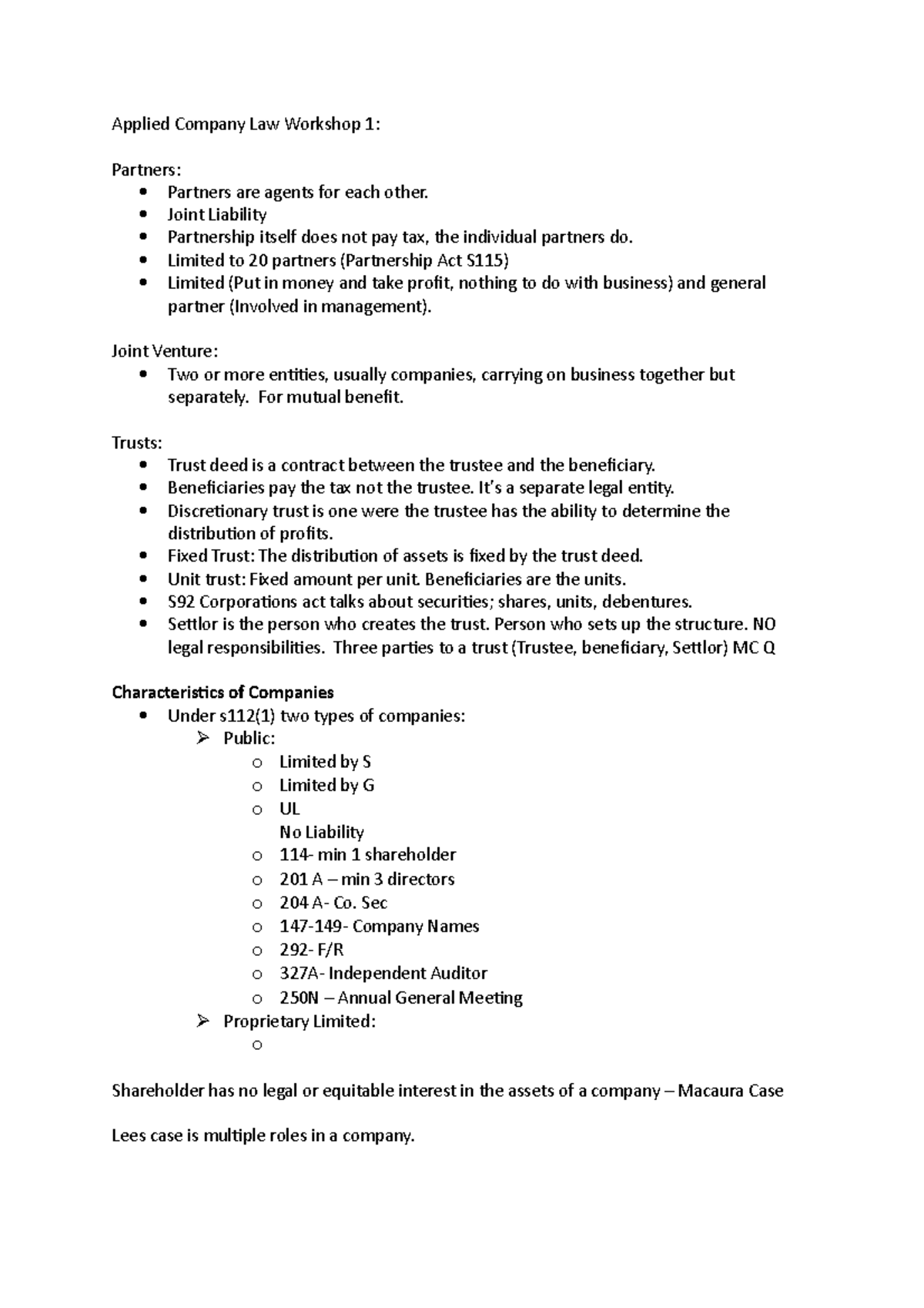 Applied Company Law notes - Applied Company Law Workshop 1: Partners ...