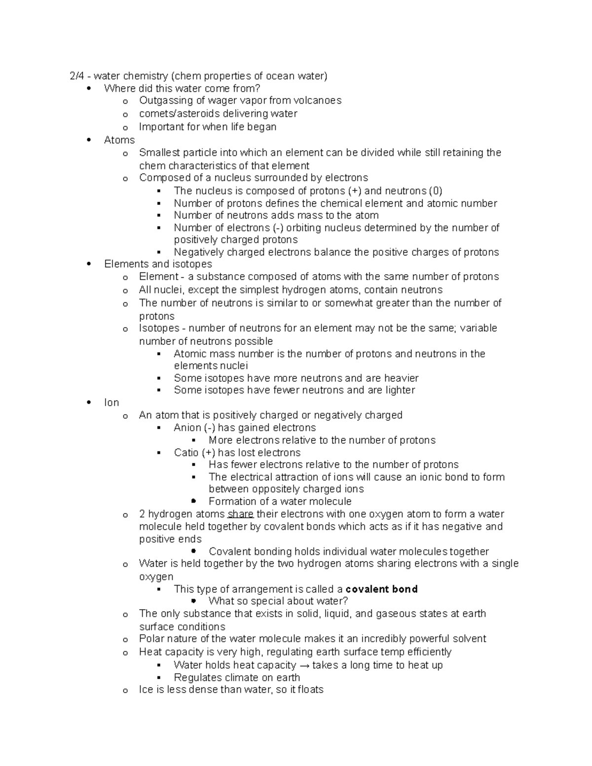 Lecture notes #4 - 2/4 - water chemistry (chem properties of ocean ...
