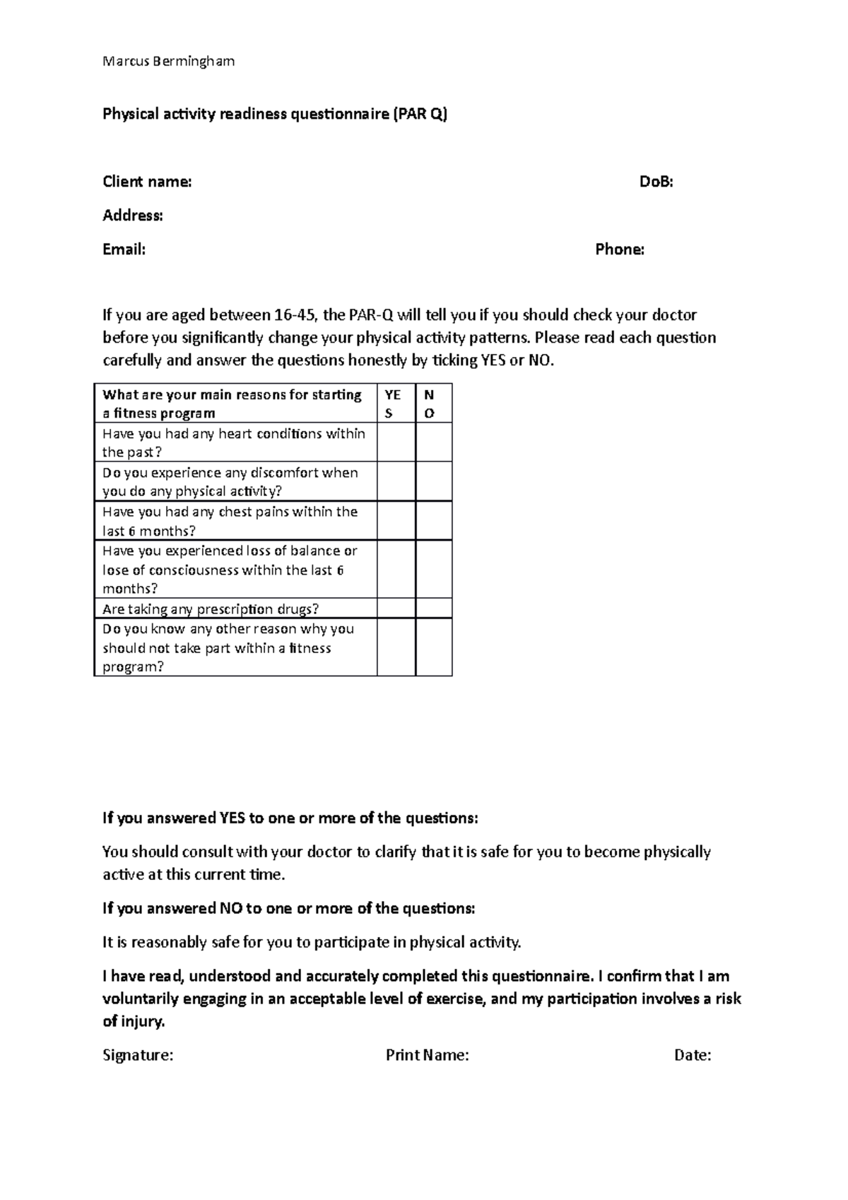 Physical activity readiness questionnaire - Marcus Bermingham Physical ...
