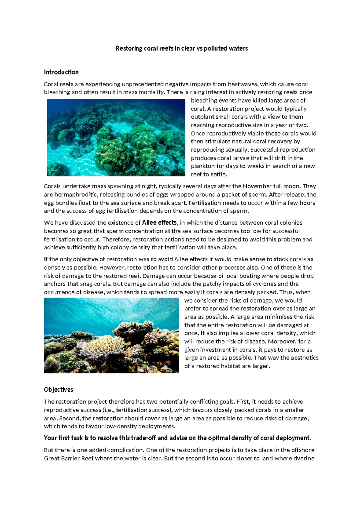 Lab 1 Coral fertilization - Restoring coral reefs in clear vs polluted ...