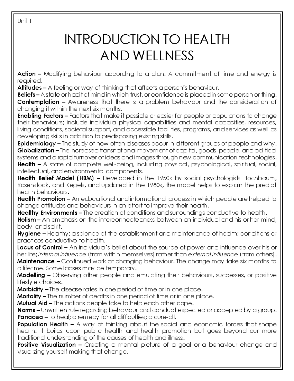 Key Terms - INTRODUCTION TO HEALTH AND WELLNESS Action – Modifying ...