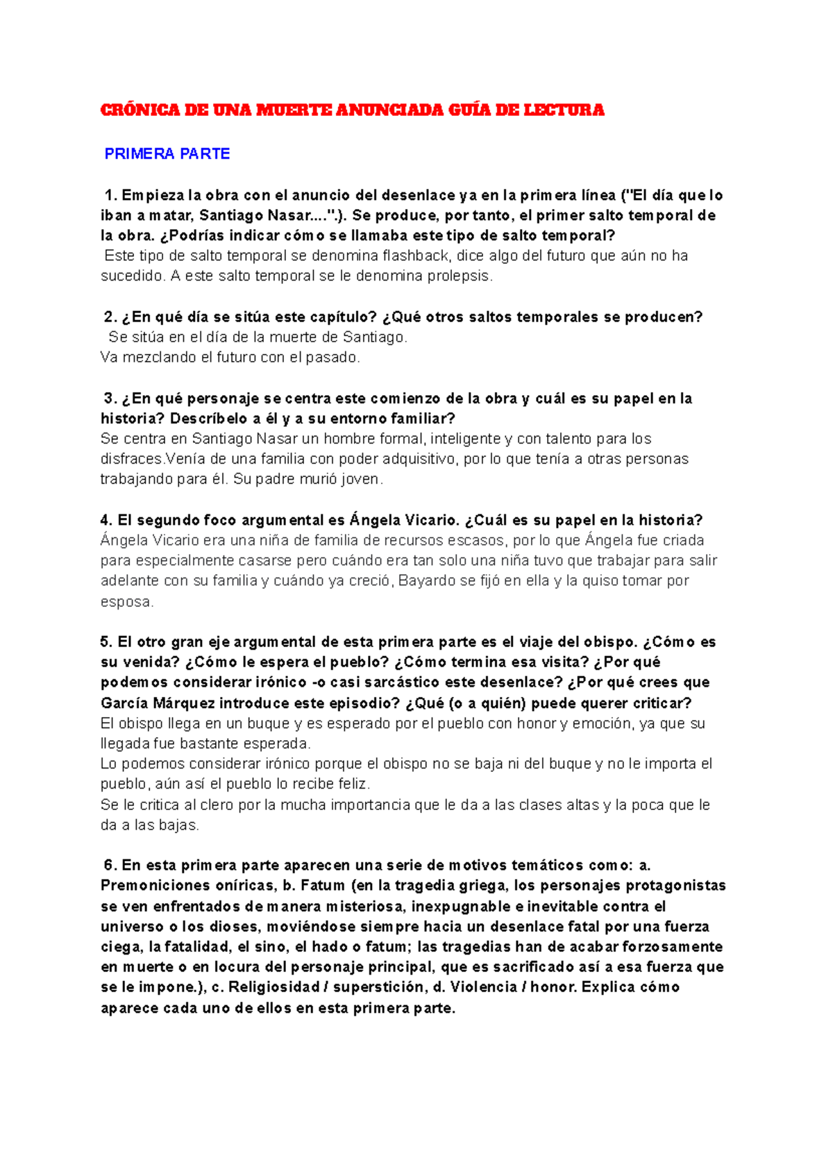 Crónica DE UNA Muerte Anunciada GUÍA DE Lectura - CRÓNICA DE UNA MUERTE ...