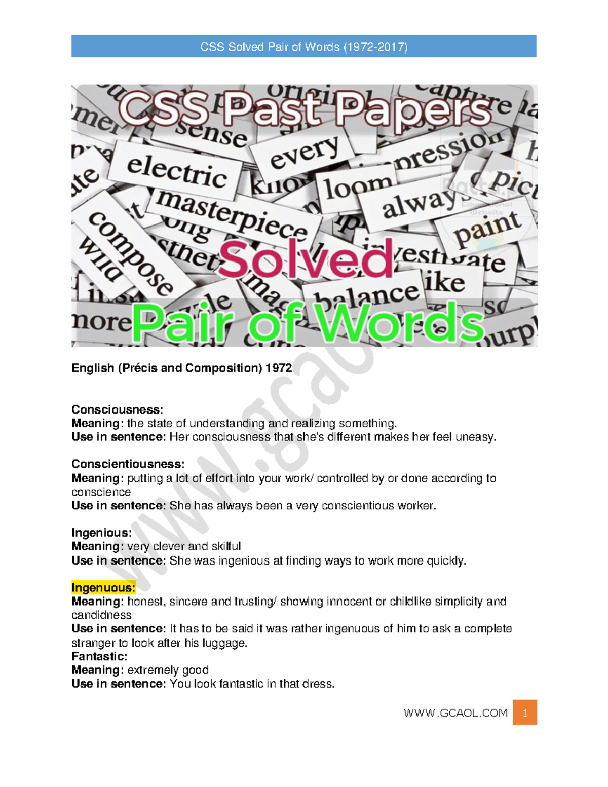 CSS Solved Pair of Words (1972-2017 ) DO THES - WWW.GCAOL 1 English (Précis and Composition ...