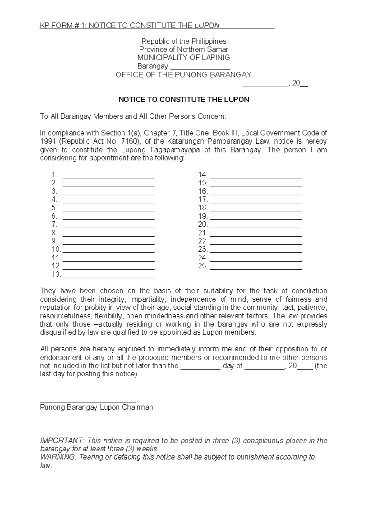 KP FORMs - 7160), of the Katarungan Pambarangay Law, notice is hereby ...