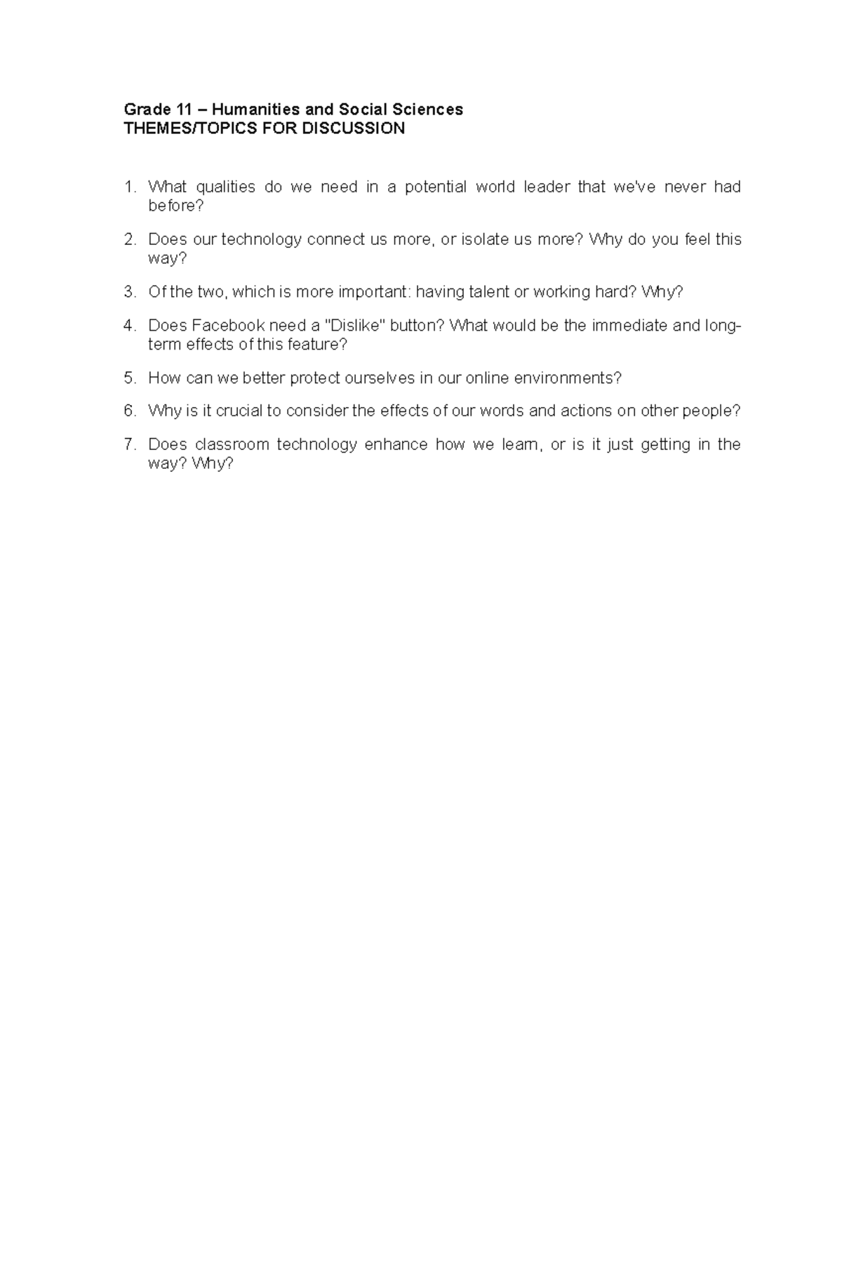 Grade 11 RWS - Sample review materials and questions. - Grade 11 ...