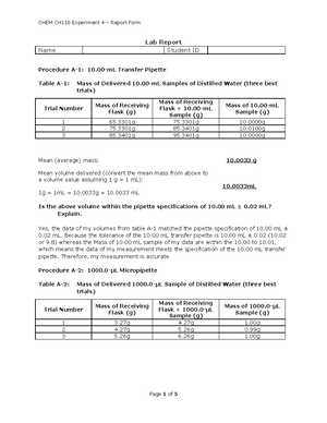 CHEM CH116 Experiment 10 - An Introduction to p H - Lab Report Name Student ID Part A: Measuring ...