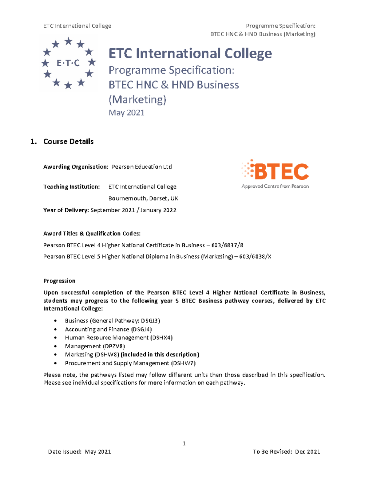 2021 HNCD Marketing - BTEC HNC & HND Business (Marketing) 1 ETC ...