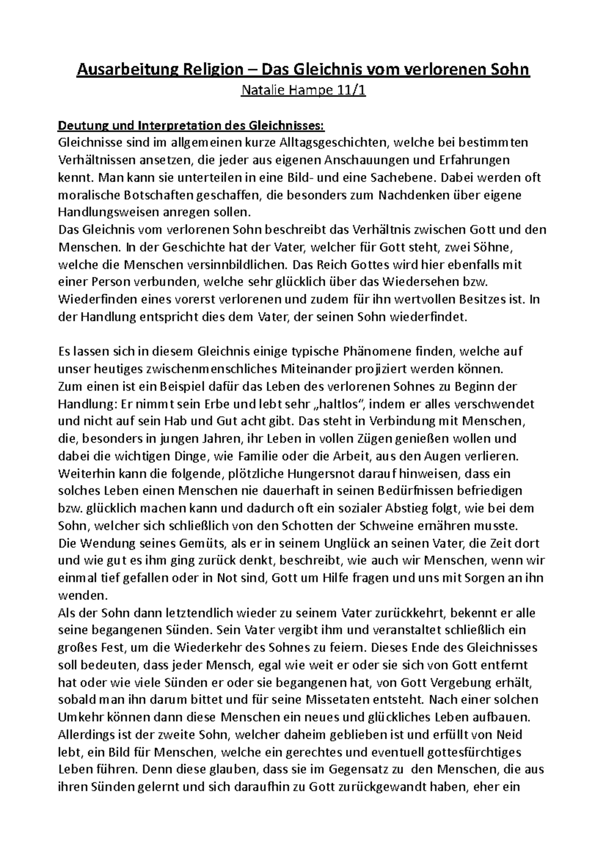 Religion - Gleichnis - Anwendungsaufgabe - Ausarbeitung Religion – Das ...