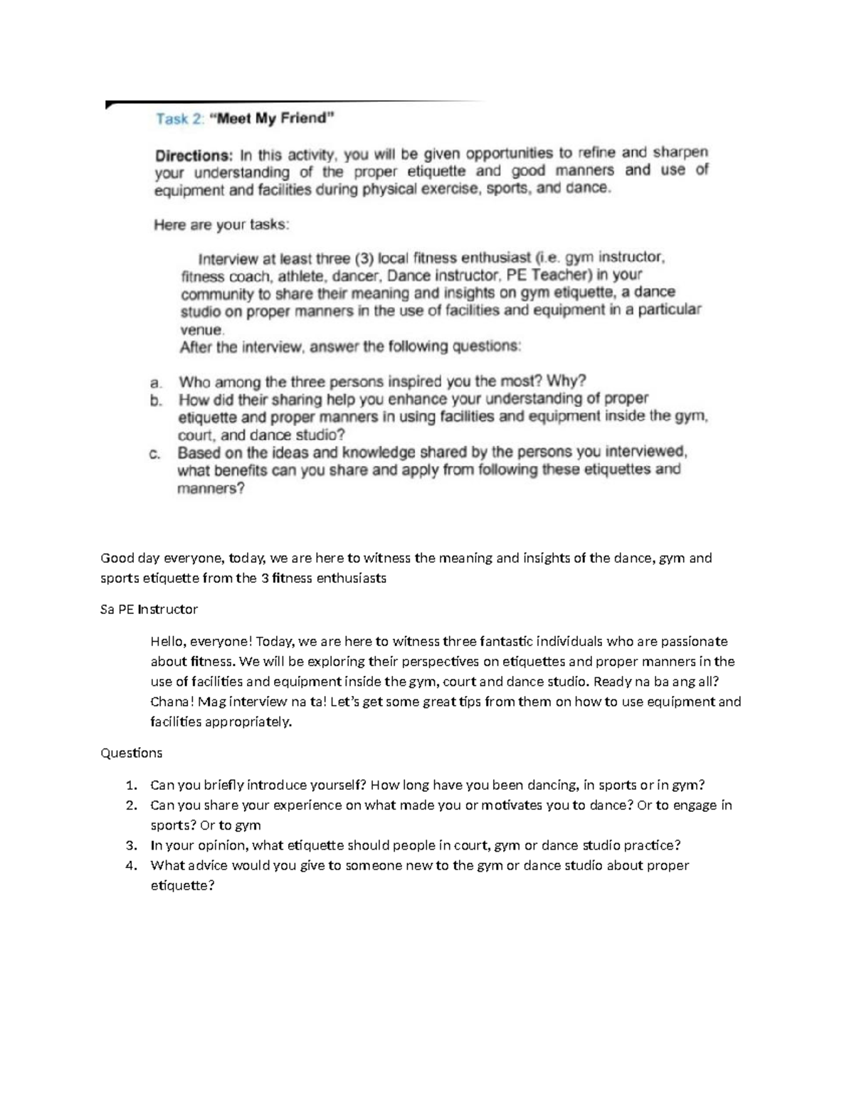 PE activity- Meet my friend script - Good day everyone, today, we are ...