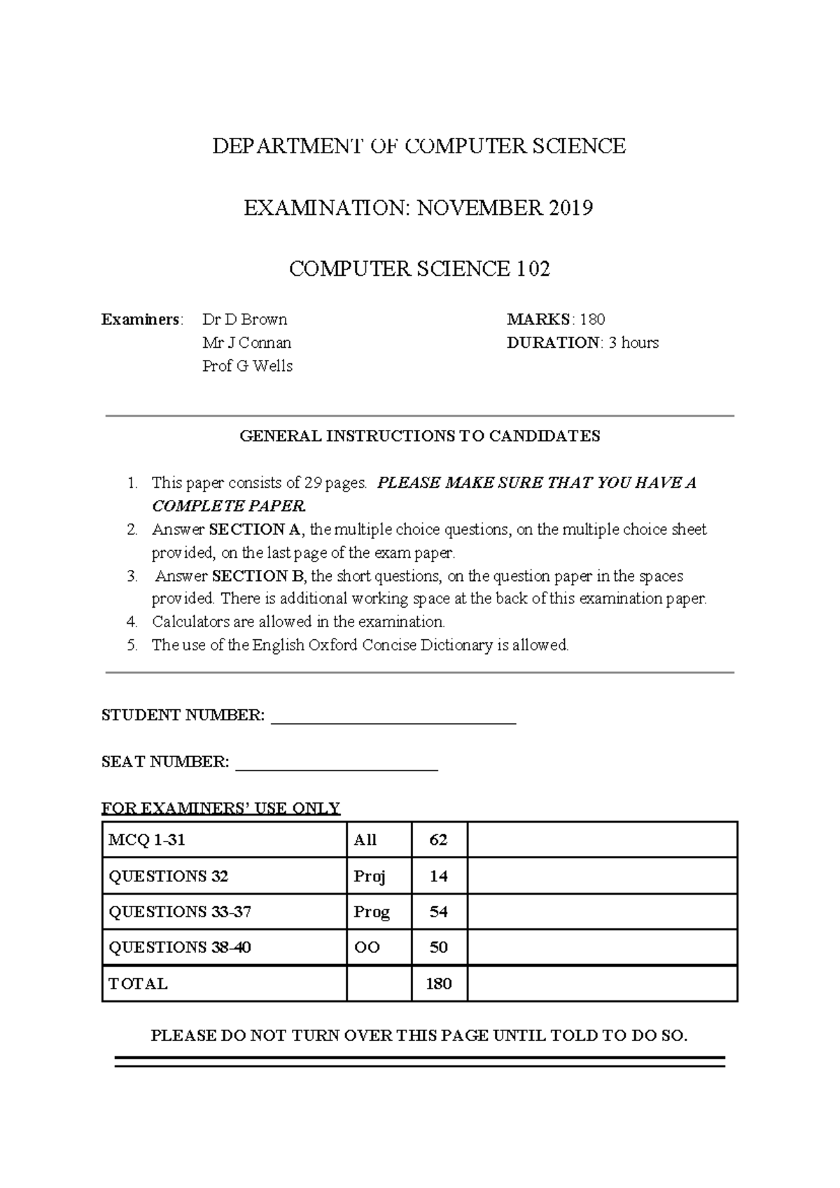 2019 11 Cs102 Nov 2019 Rhodes University Department Of Computer Science Examination November