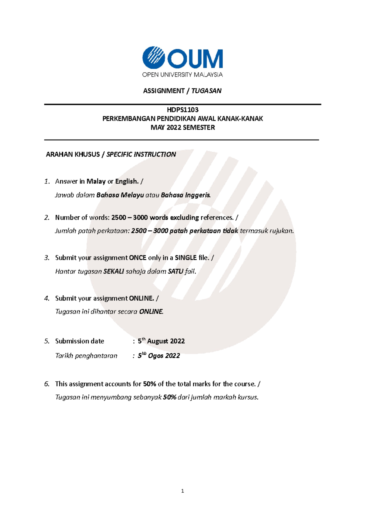 Assignment Question - ASSIGNMENT / TUGASAN HDPS PERKEMBANGAN PENDIDIKAN AWAL KANAK-KANAK MAY ...