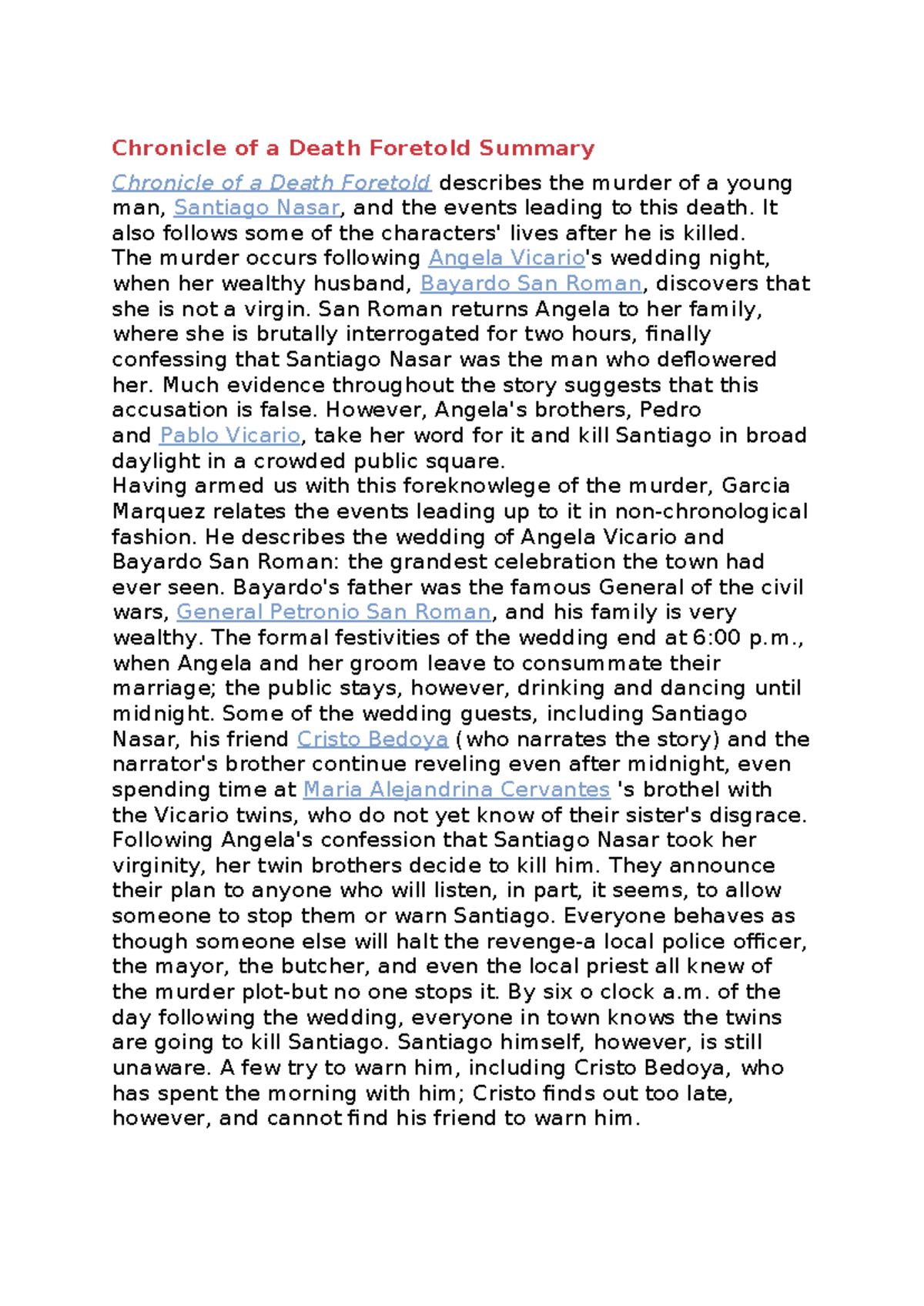 Chronicle of a Death Foretold Summary - Chronicle of a Death Foretold ...