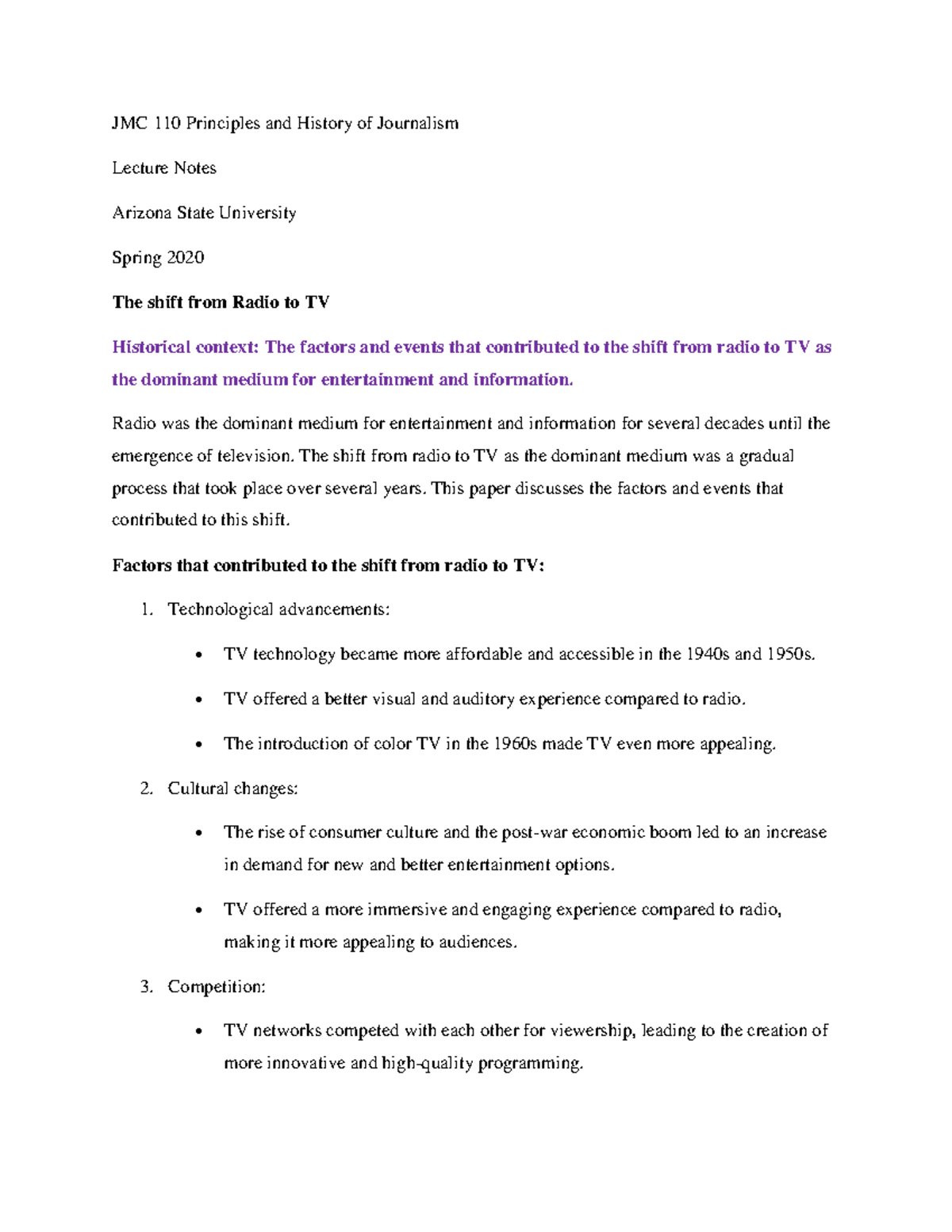 JMC 110 Lecture Notes 7-The shift from Radio to TV - JMC 110 Principles ...