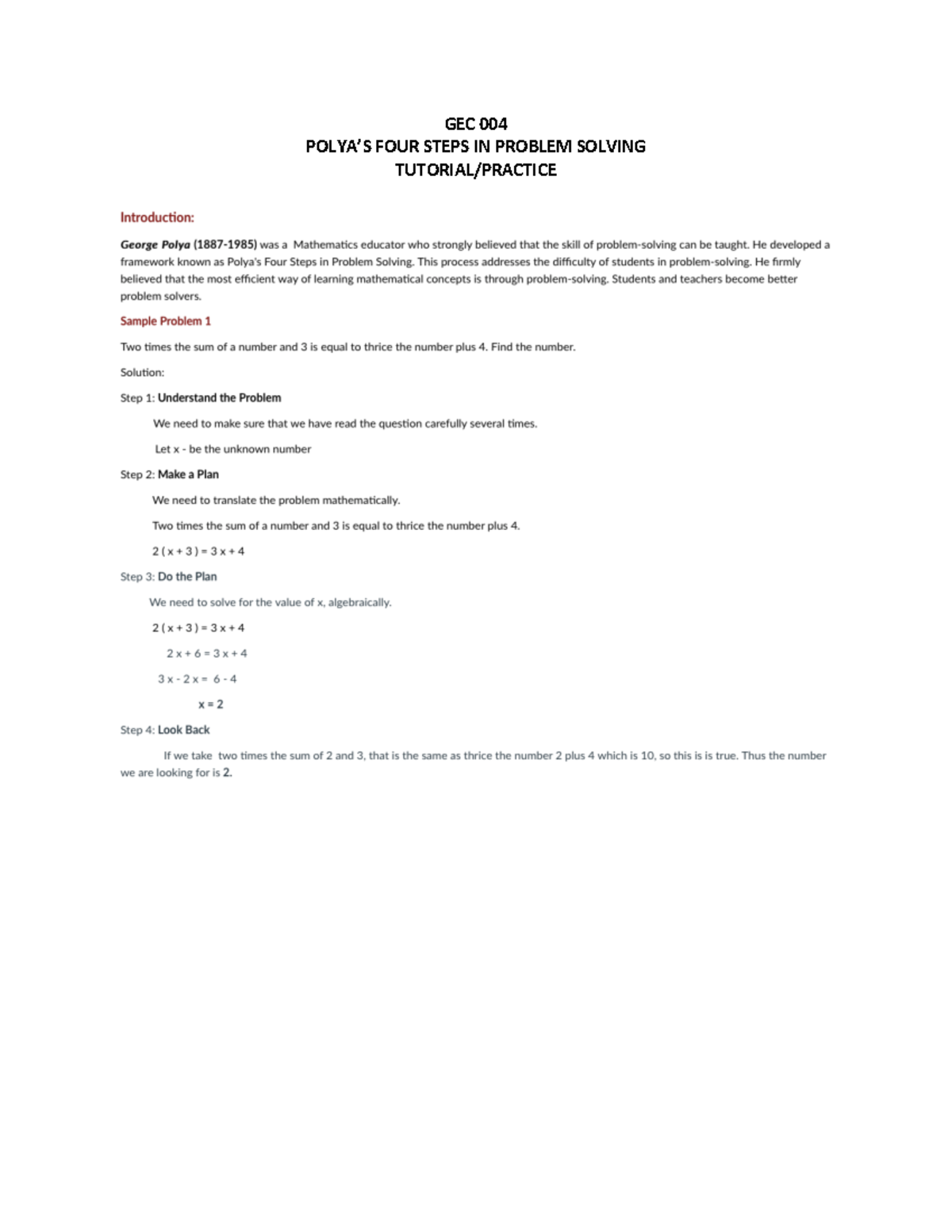 GEC 004. Polya’S FOUR Steps IN Problem Solving - Mathematics In The ...