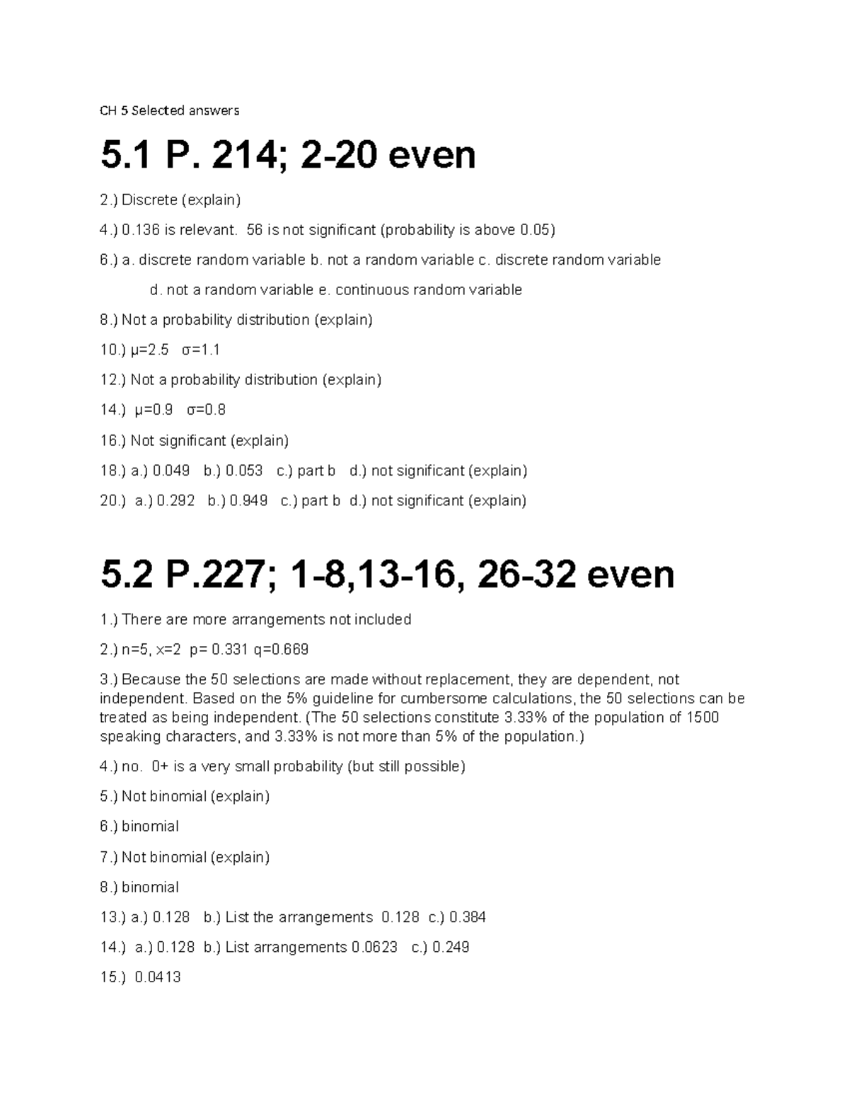 CH+5+Selected+answers - CH 5 Selected answers 5 P. 214; 2-20 even 2.) Discrete (explain) 4.) 0 ...