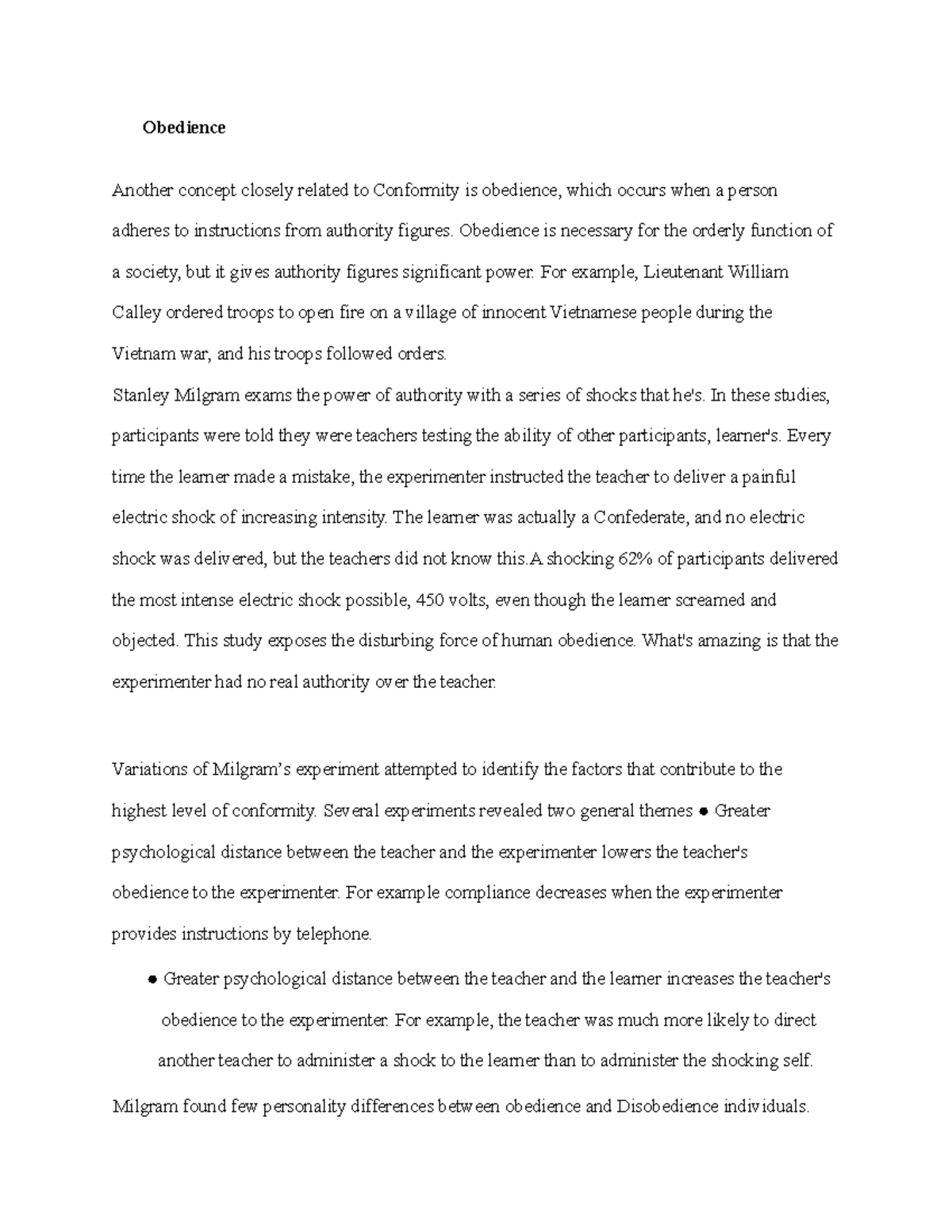 Psych notes 14 - Obedience Another concept closely related to ...