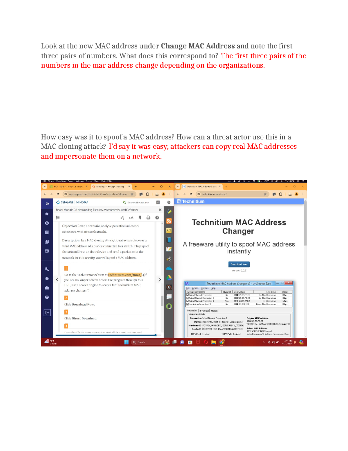 M04 - Part 2 Hands-On Project 8-3 MAC Spoofing Mecavica - CSIA 105 - Look at the new MAC address ...