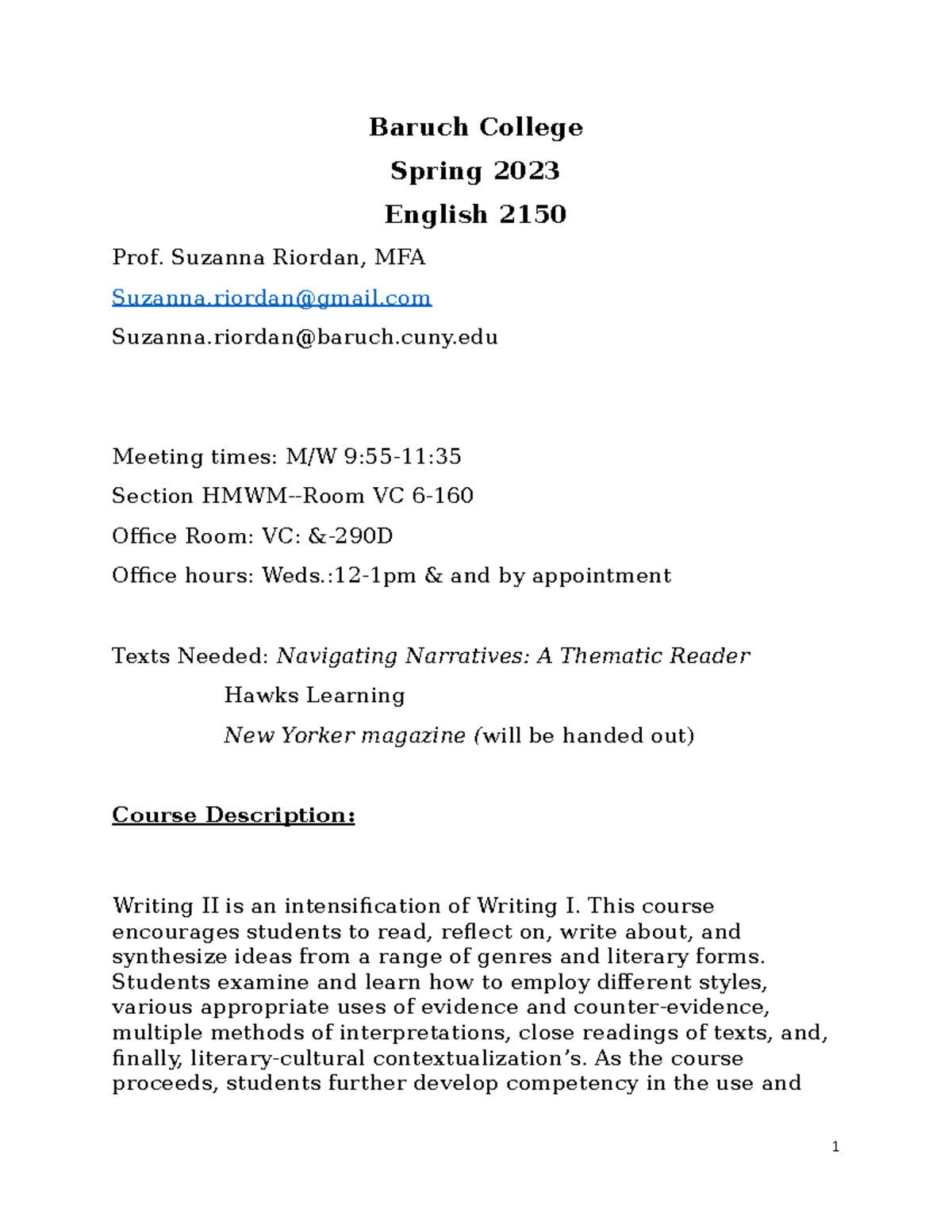 Spring 2023 - Syllabus - Baruch College Spring 2023 English 2150 Prof ...