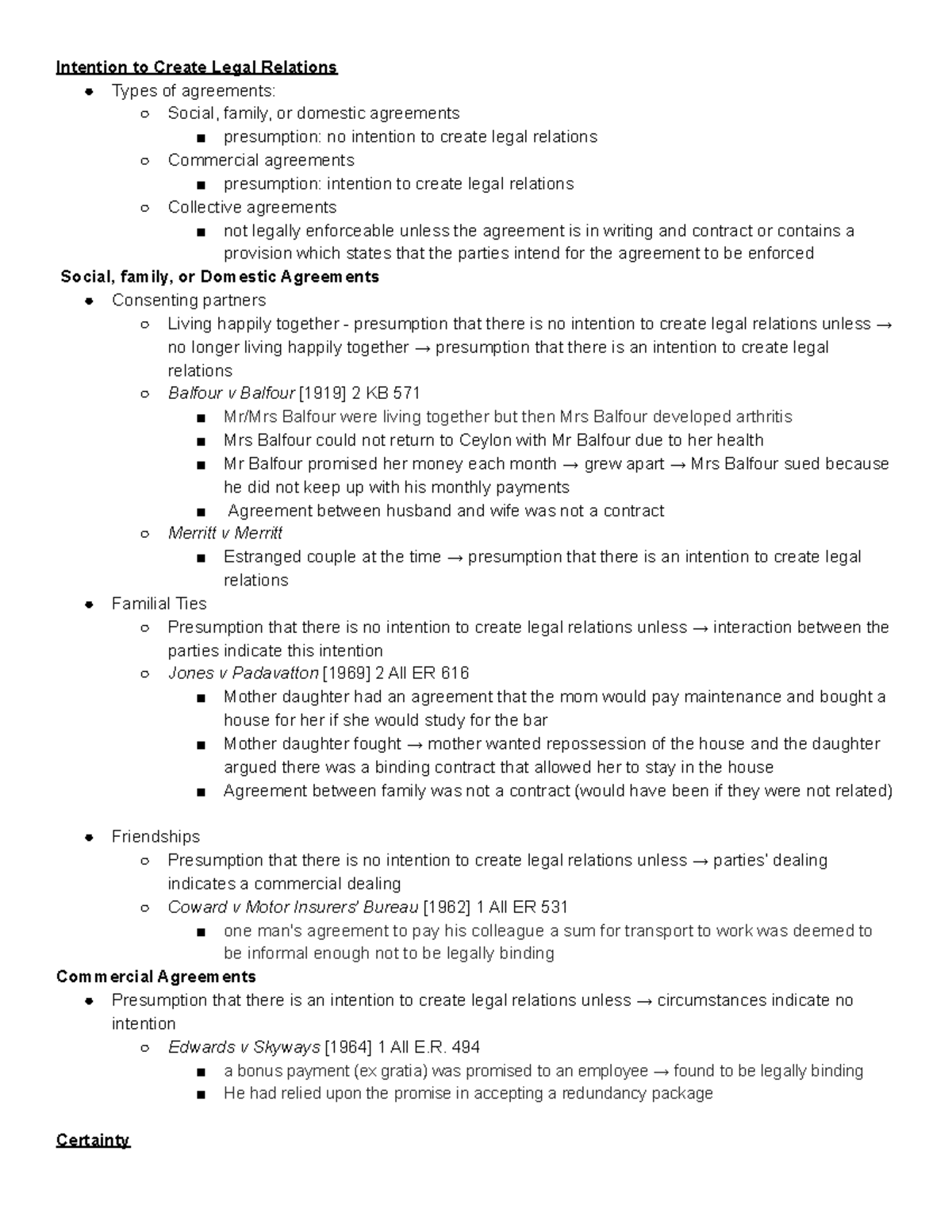 4. Intention to Create Legal Relations, Certainty, Privity - Intention ...