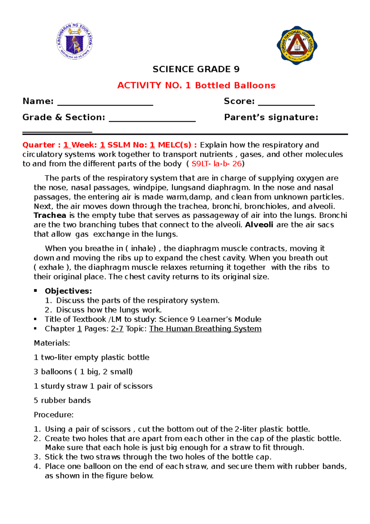 Activity Bottled Balloon and PUMP IT - SCIENCE GRADE 9 ACTIVITY NO. 1 ...