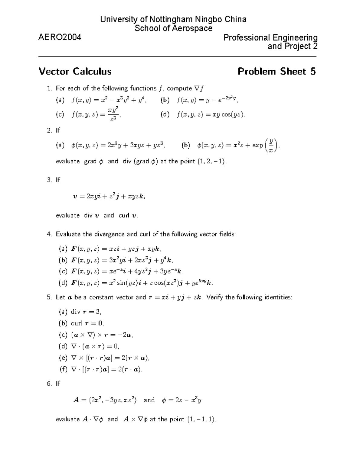 Problem Sheet 5 - math - University of Nottingham Ningbo China School of Aerospace AERO2004 ...