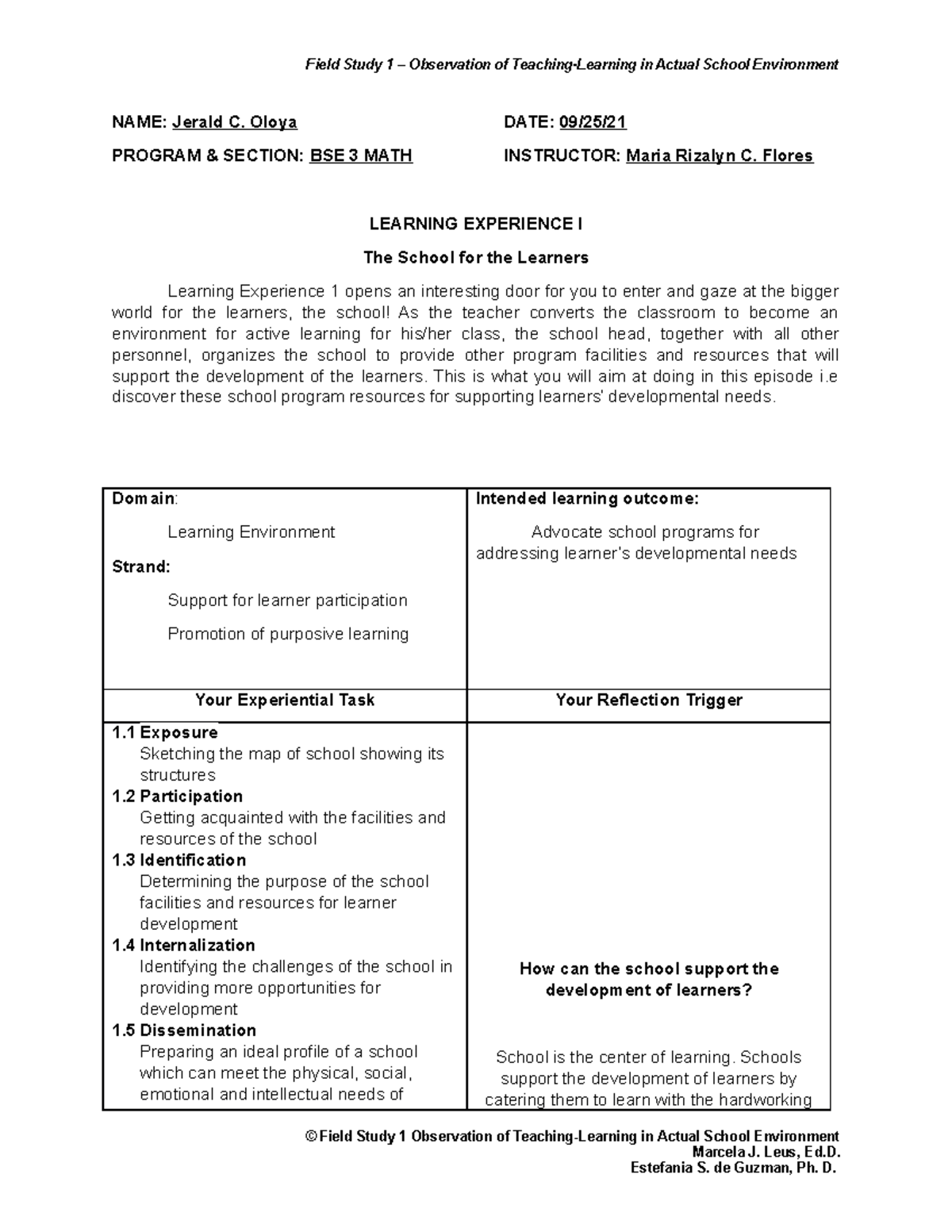 536951802 Field Study 1 Learning Experience 1 - NAME: Jerald C. Oloya ...