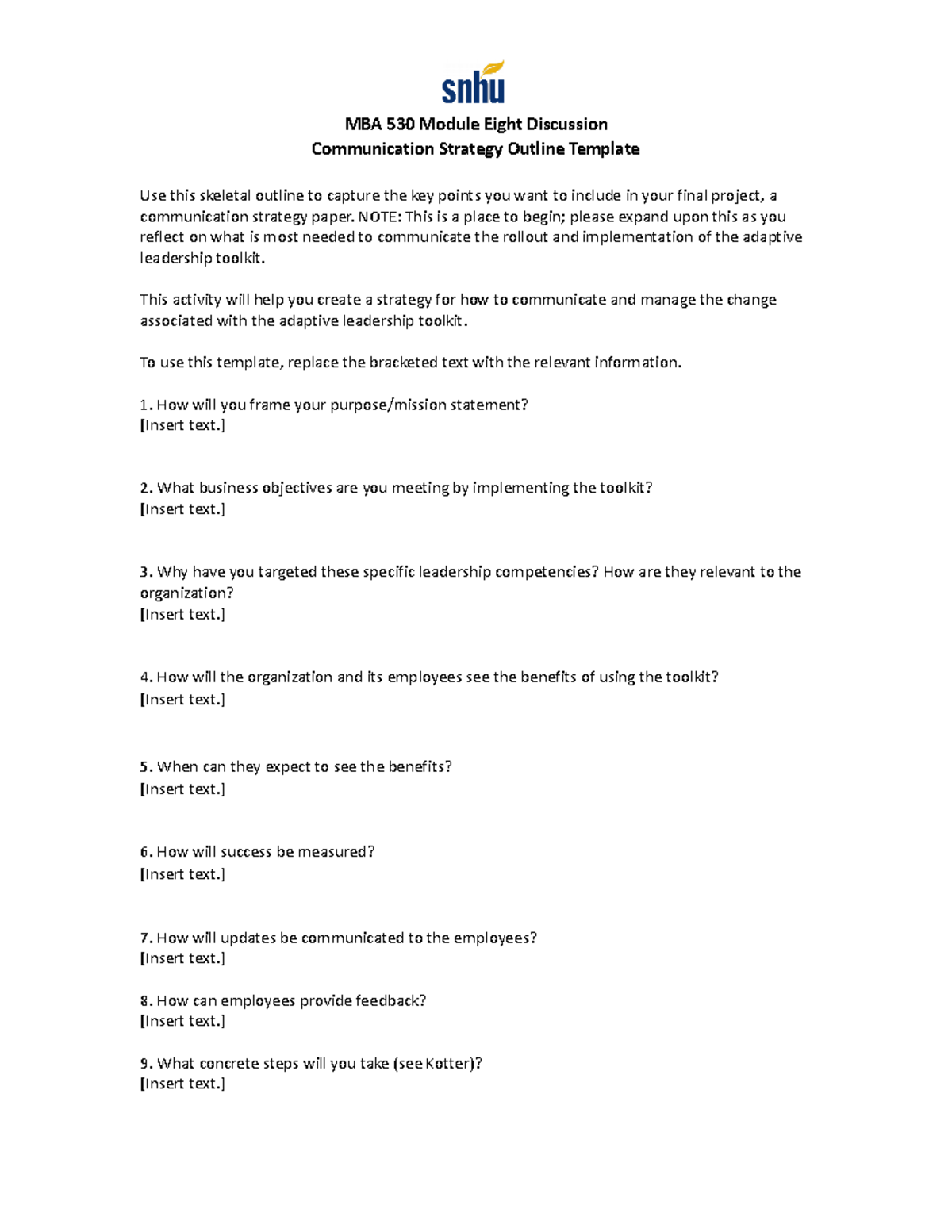 MBA 530 Module Eight Discussion Communication Strategy Outline Template ...