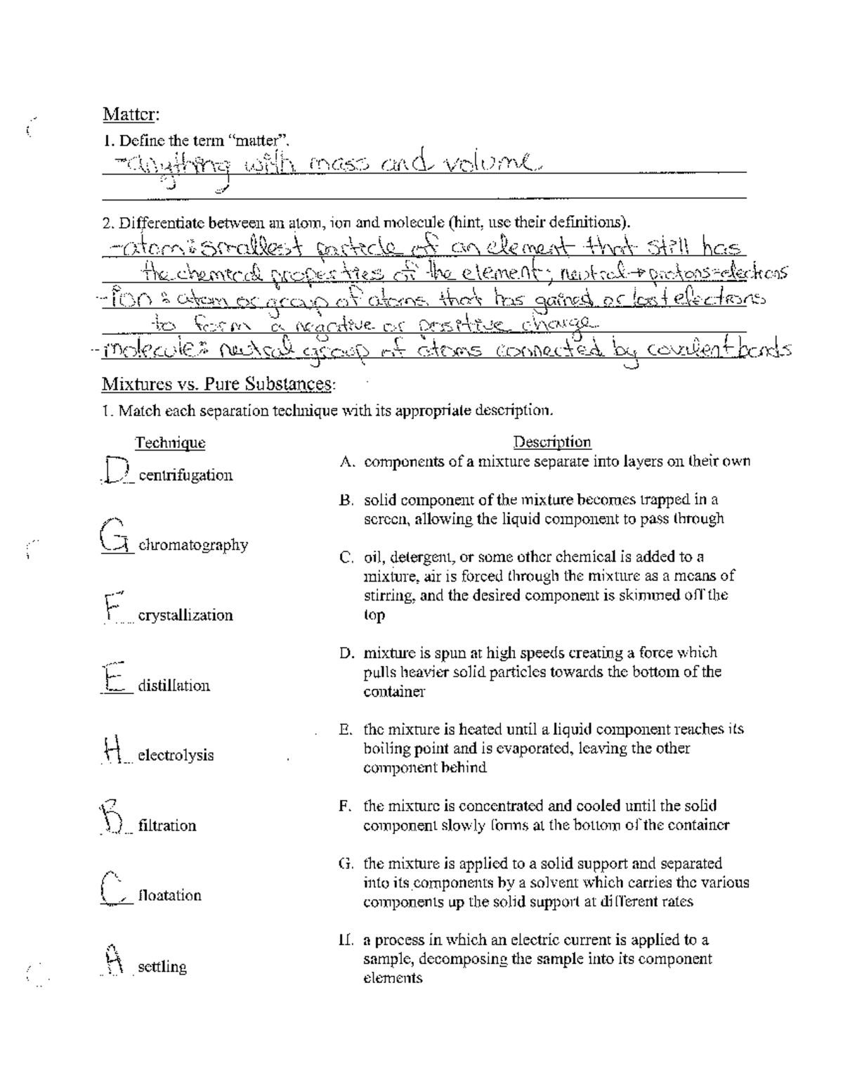 Review booklet 1 key - NOTES - Matter: 1. Define the term “matter”. ic ...