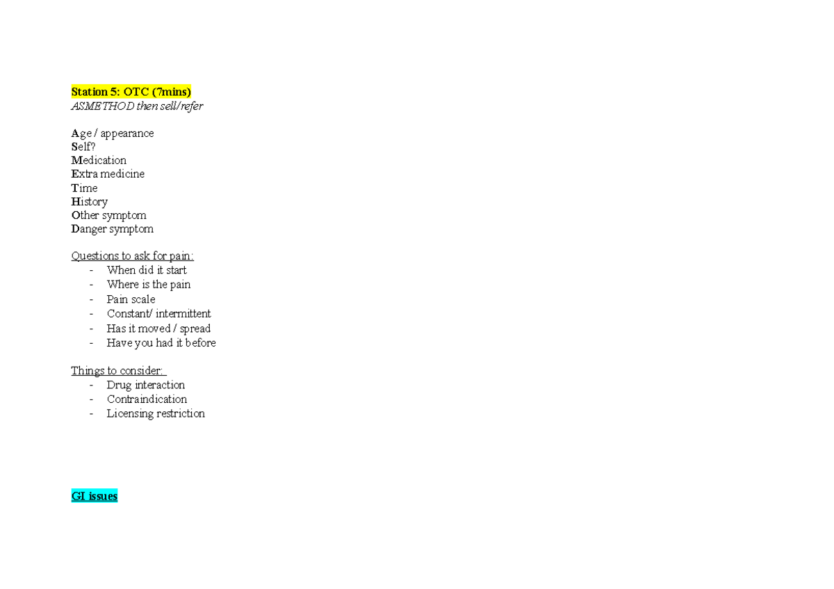 OTC Notes final - OTC summary formulary - Station 5: OTC (7mins ...