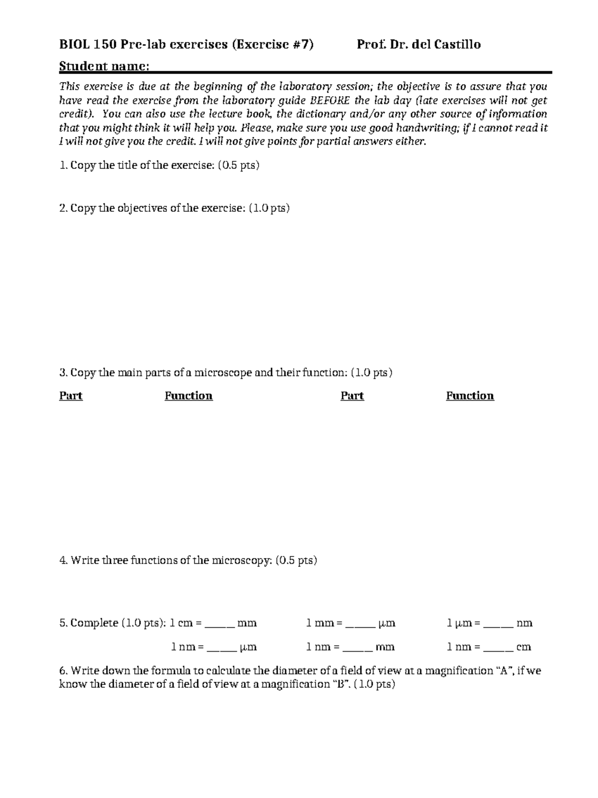 1st meeting Lab exercise 7 Microscope - BIOL 150 Pre-lab exercises ...