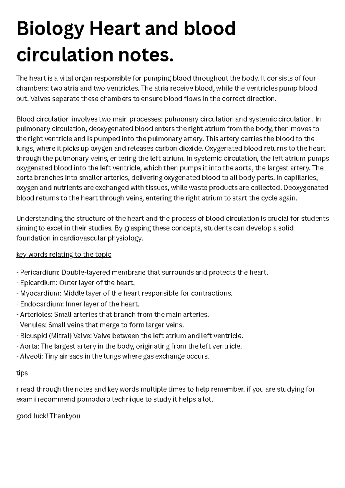 Biology Heart and blood circulation notes - The heart is a vital organ ...