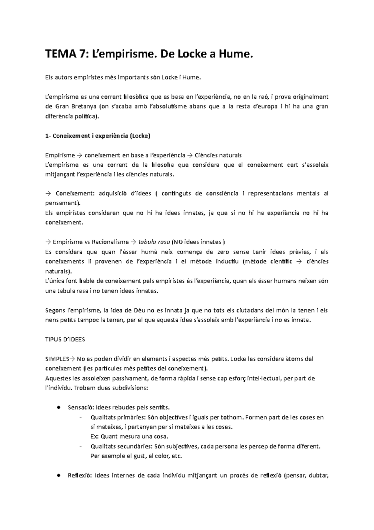 Tema 7 Empirisme - TEMA 7: L’empirisme. De Locke a Hume. Els autors ...