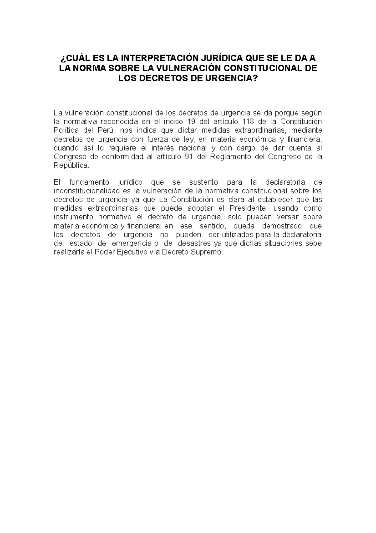 Vulneración Constitucional DE LOS Decretos DE Urgencia - ¿CUÁL ES LA INTERPRETACIÓN JURÍDICA QUE ...
